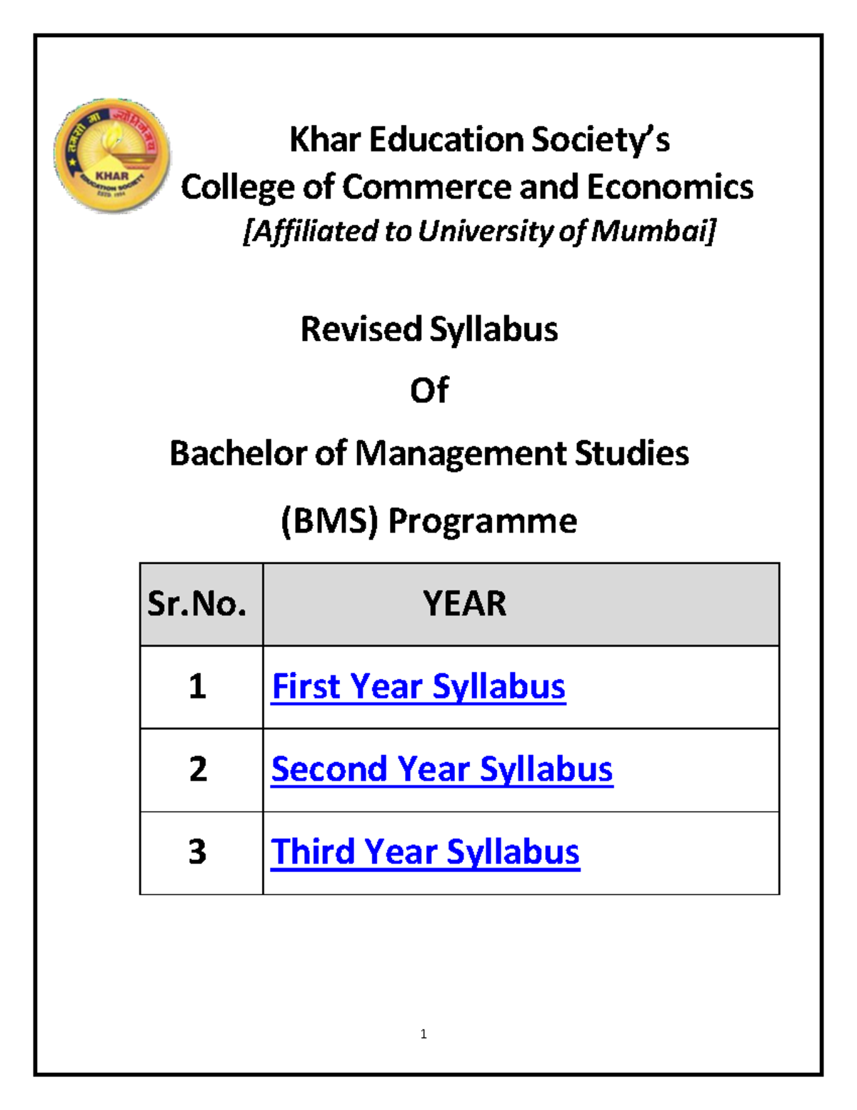Bms syllabus 2023-24 new - Khar Education Society’s College of Commerce ...
