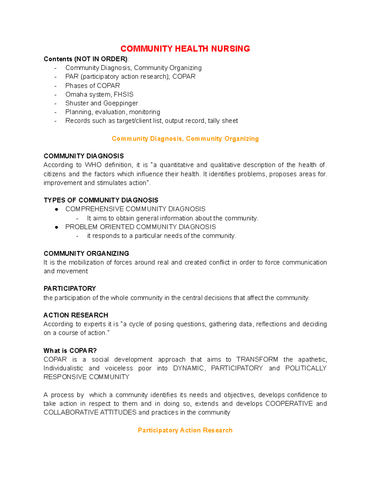CHN- Copar - COMMUNITY HEALTH NURSING Contents (NOT IN ORDER ...