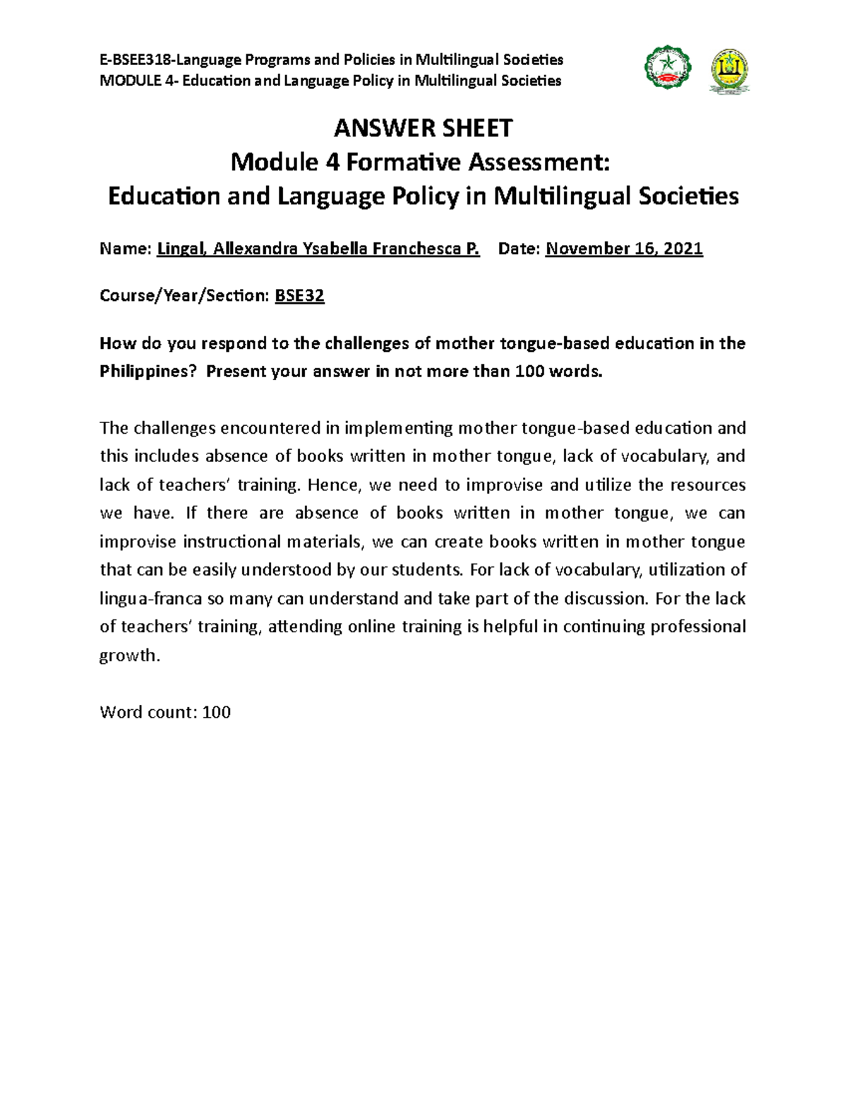 1- Module 4- Formative Assessment 1- Responding TO THE Challenges OF ...