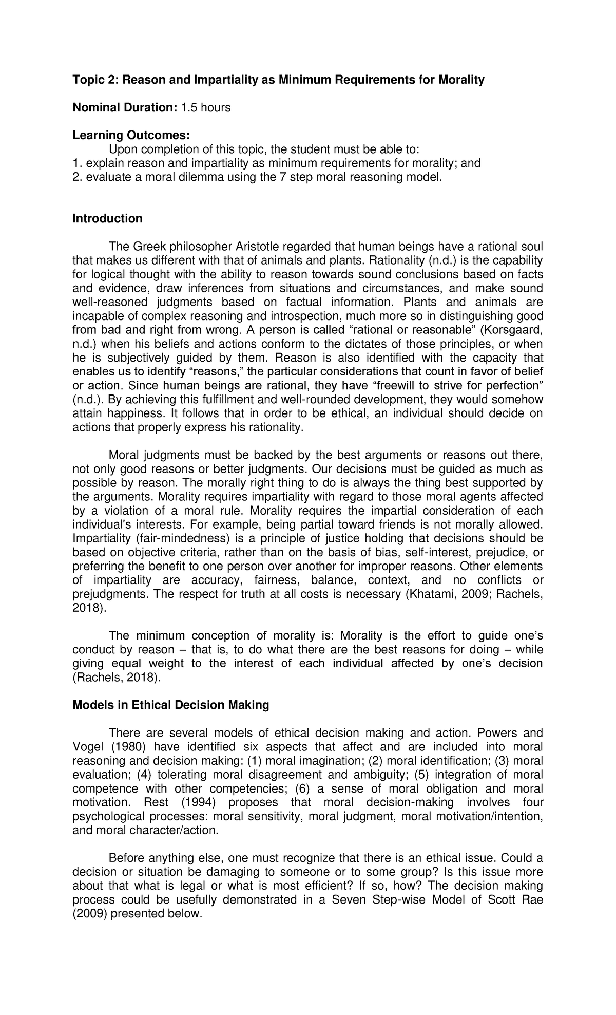 Pdfcoffee - good - Topic 2: Reason and Impartiality as Minimum Requirements for Morality Nominal ...