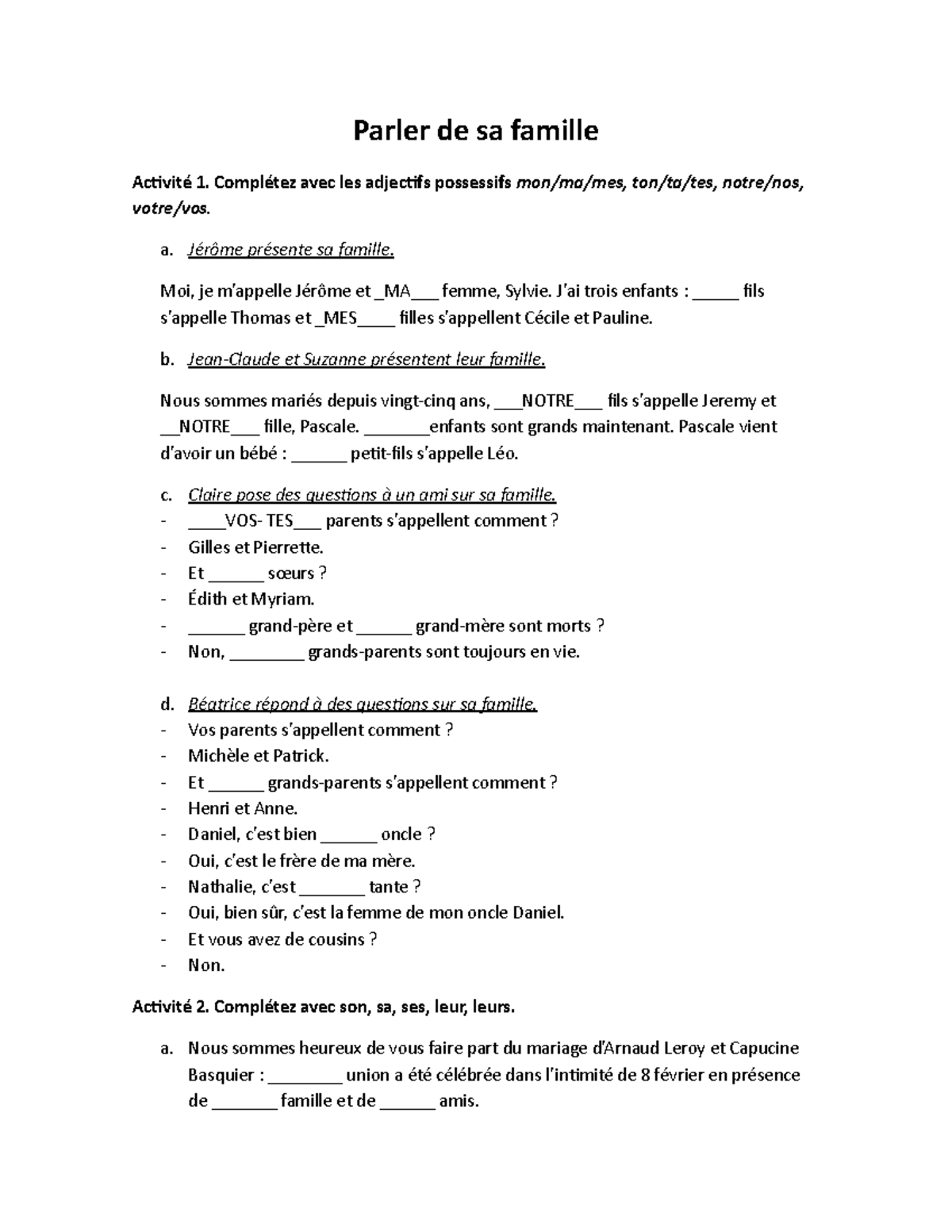 Parler de sa famille-2 dj notes de - Parler de sa famille Activité 1 ...