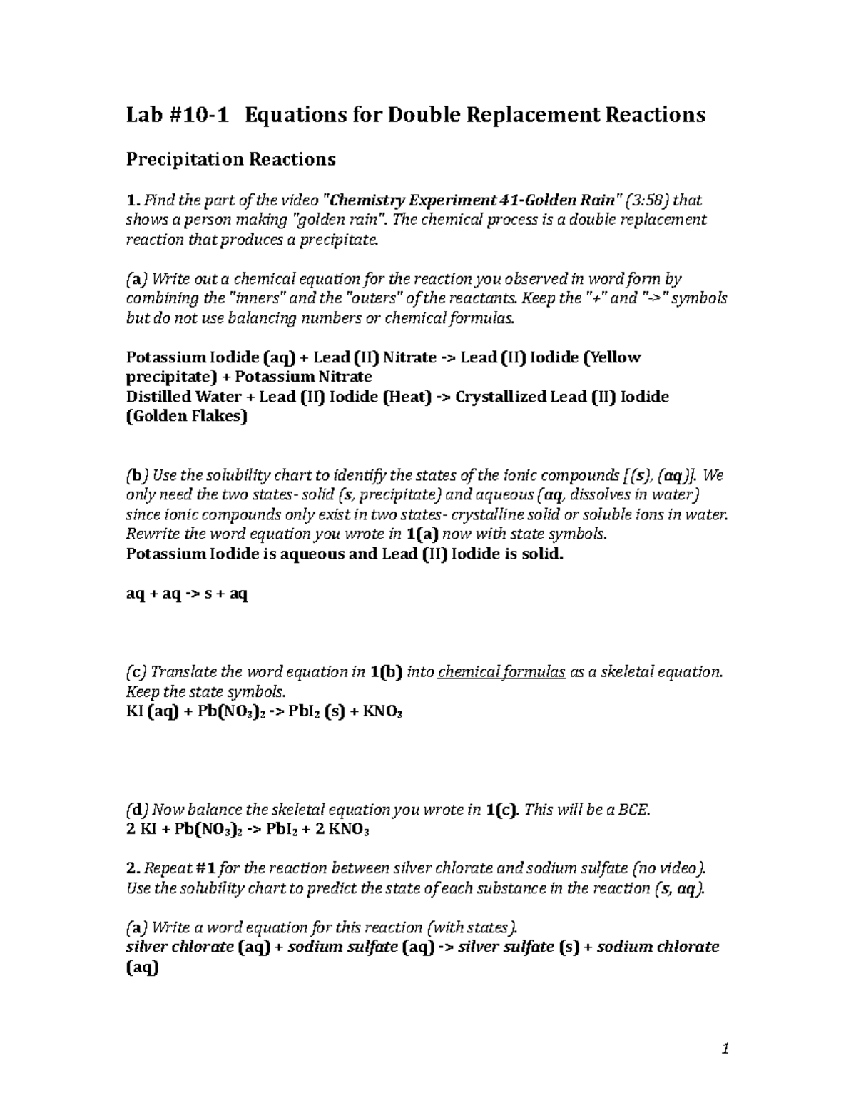 Lab #10-1 Chemical Reactions Sp21 - Lab #10-1 Equations for Double ...