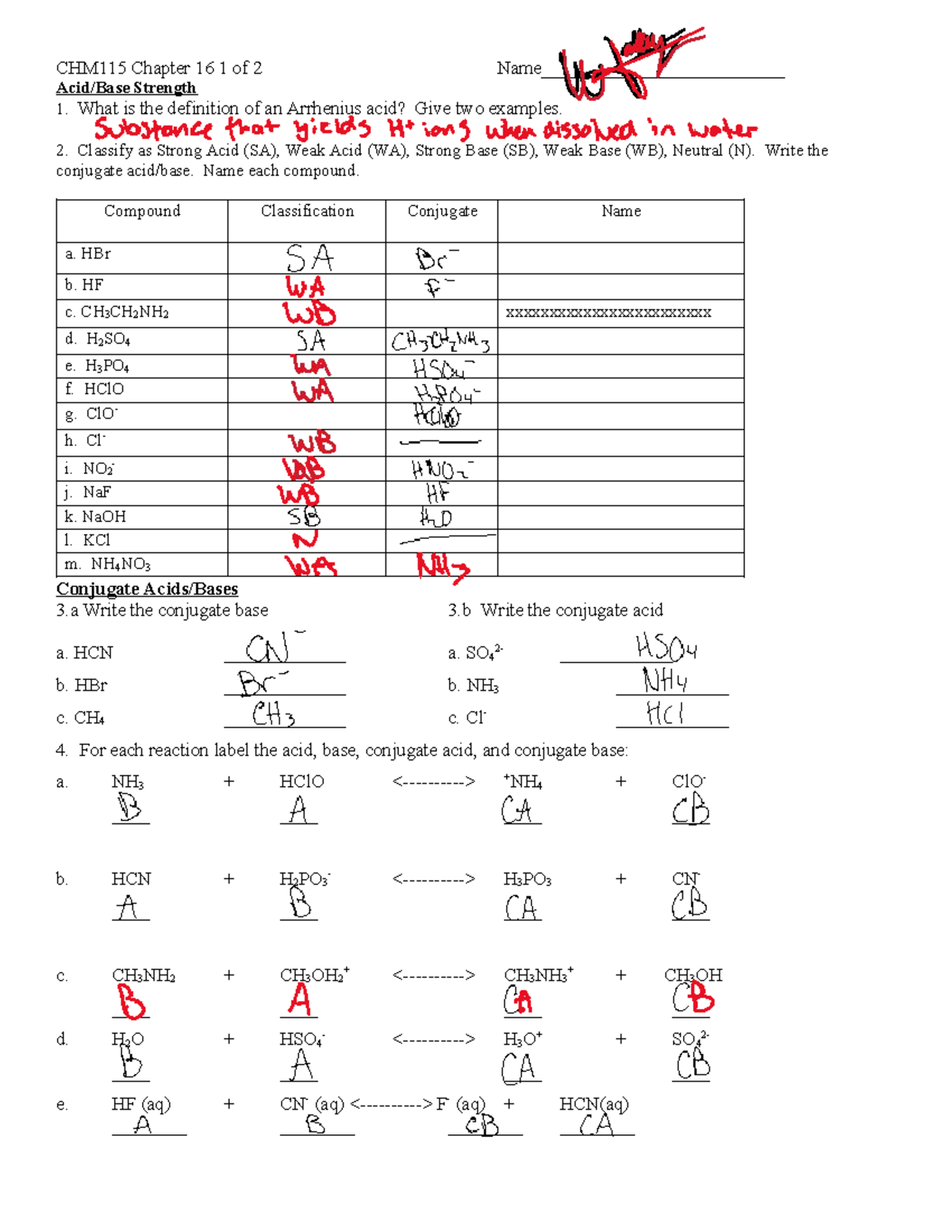 Ch 16 Worksheet Problems - Acid/Base Strength What is the definition of an Arrhenius acid? Give ...