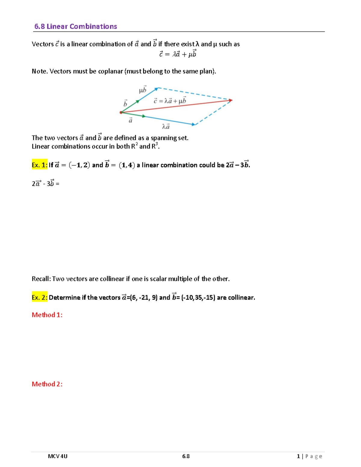 6.8 Linear Combinations - student - Copy - MCV 4U 6 1 | P a g e 6 Linear Combinations Vectors 𝑐⃗ ...