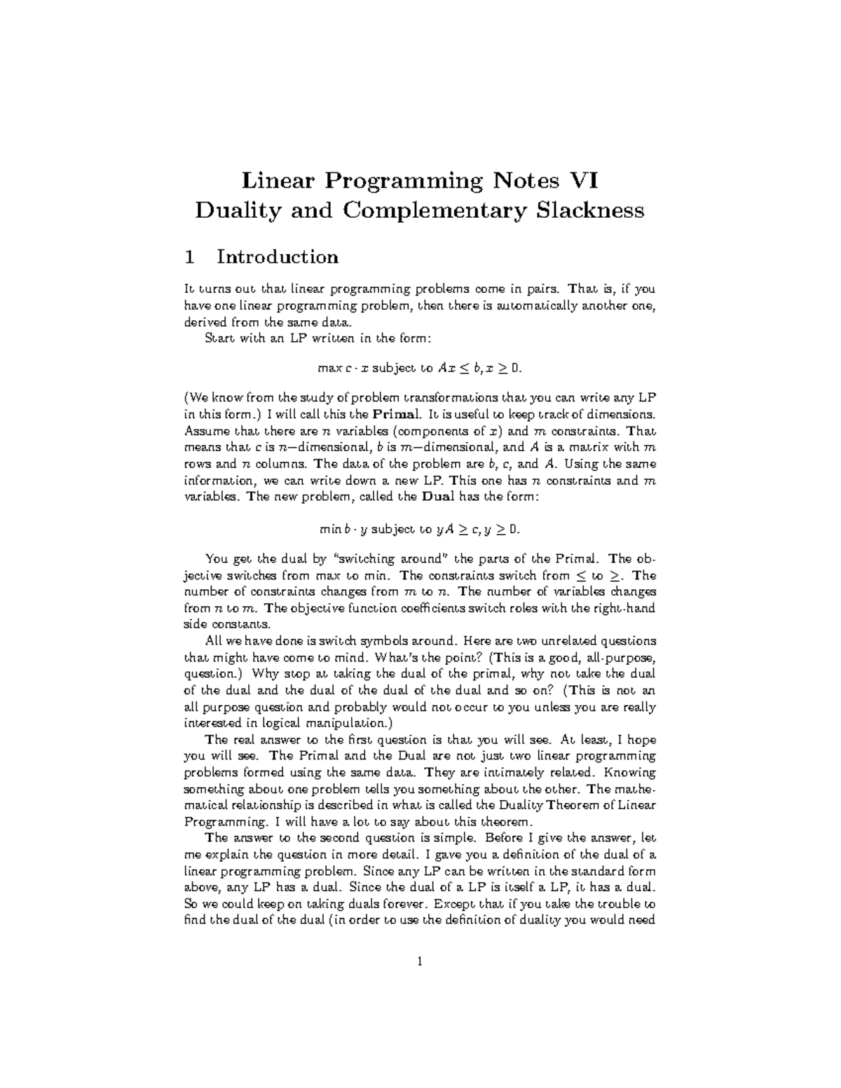 Duality Notes 603 - Linear Programming Notes VI Duality and ...