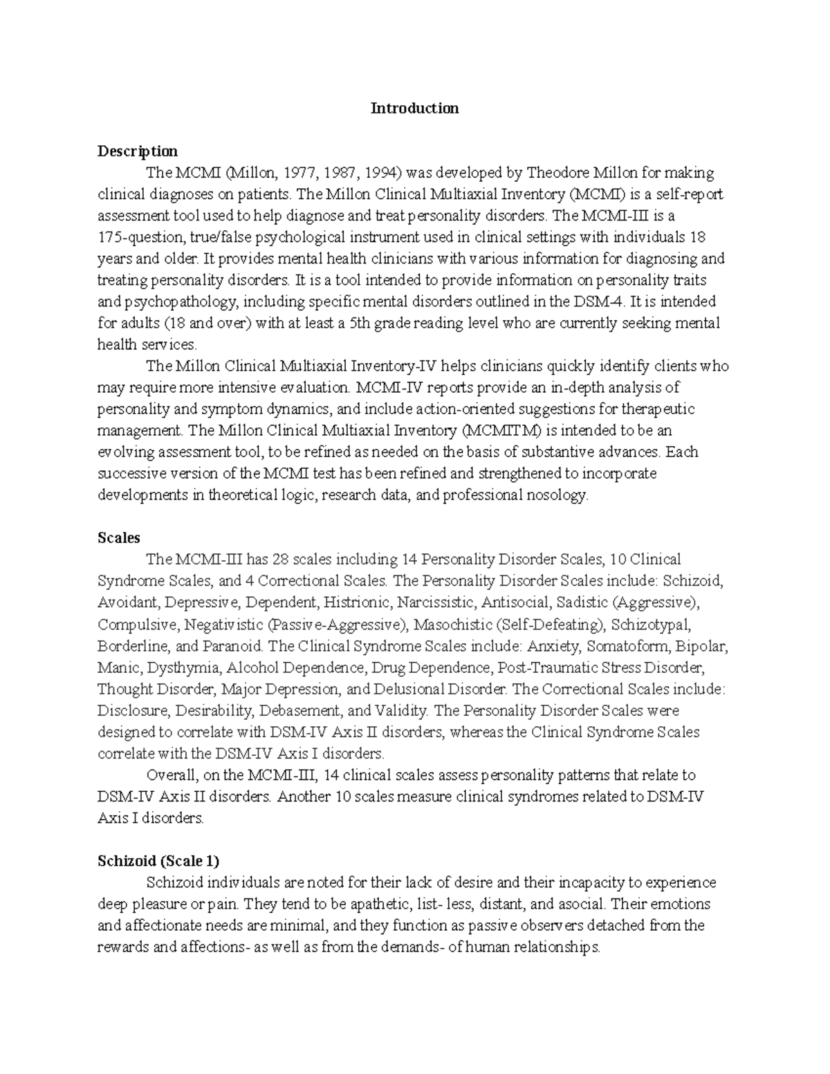 MCMI-Introductory Report - Introduction Description The MCMI (Millon ...