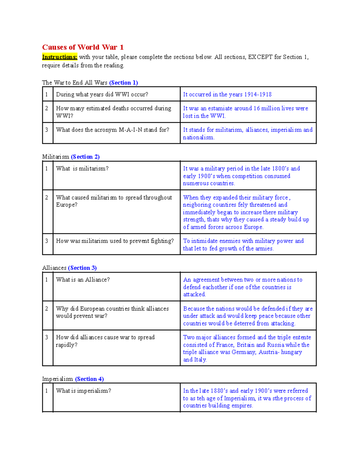 Causes of World War I - Causes of World War 1 Instructions: with your ...