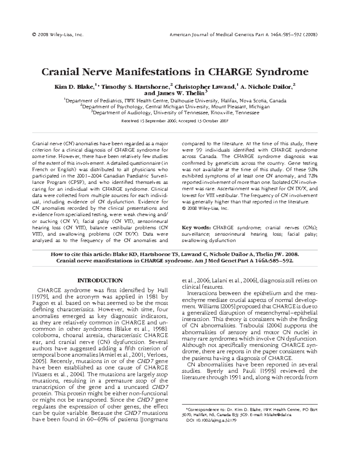 Cranial Nerve Manifestations in Charge Syndrome - ß 2008 Wiley-Liss ...