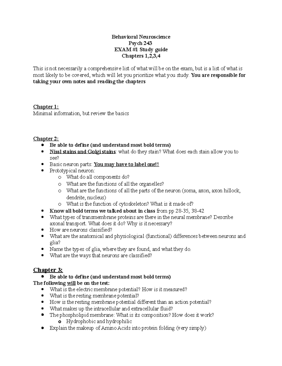 Behavioral Neuroscience Study Guide 1 - Behavioral Neuroscience Psych ...