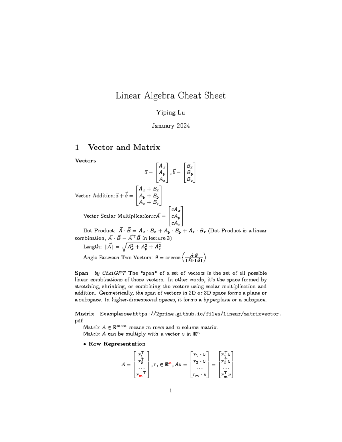 Midterm review linear algebra - Linear Algebra Cheat Sheet Yiping Lu January 2024 1 Vector and ...