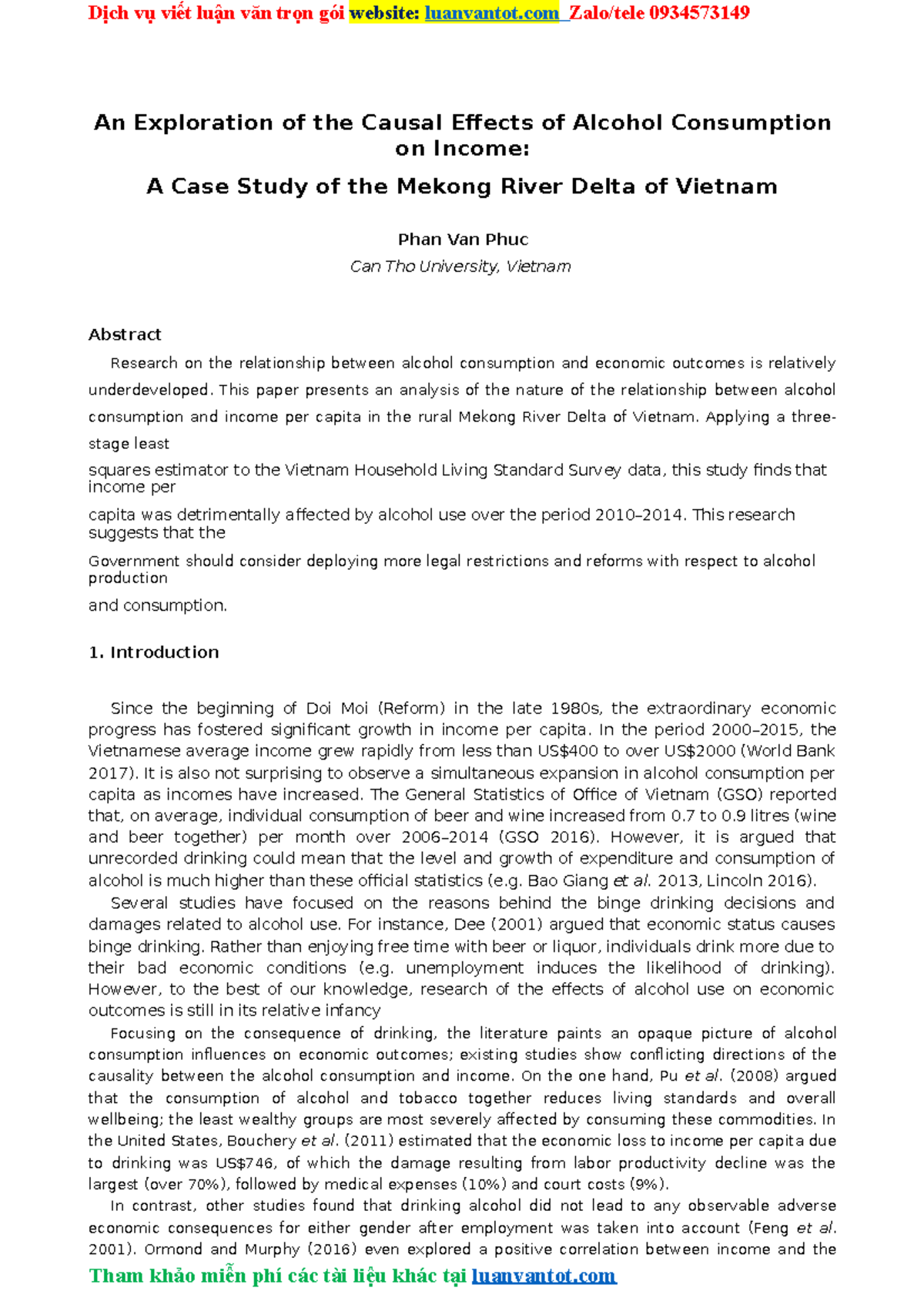 An Exploration of the Causal Effects of Alcohol Consumption on ncome A ...