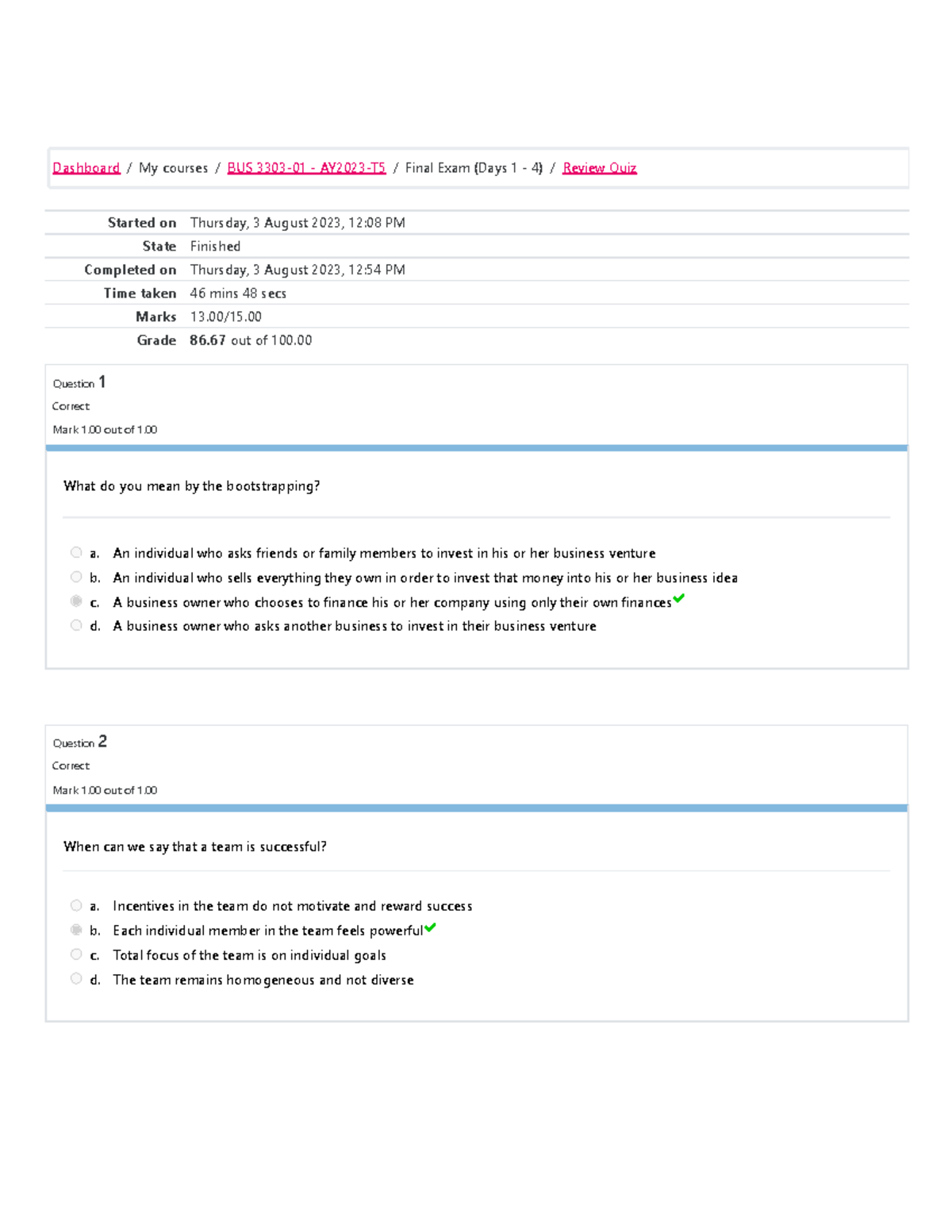 Review Quiz Attempt review 3303 Final Review 3 - Started on Thursday, 3 ...