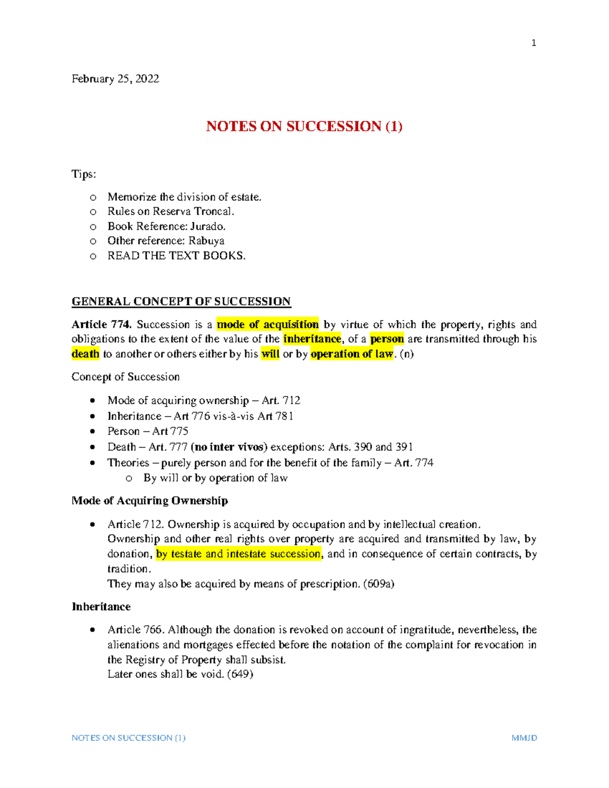 Lecture Notes on Succession (1) - 1 NOTES ON SUCCESSION (1) MMJD ...