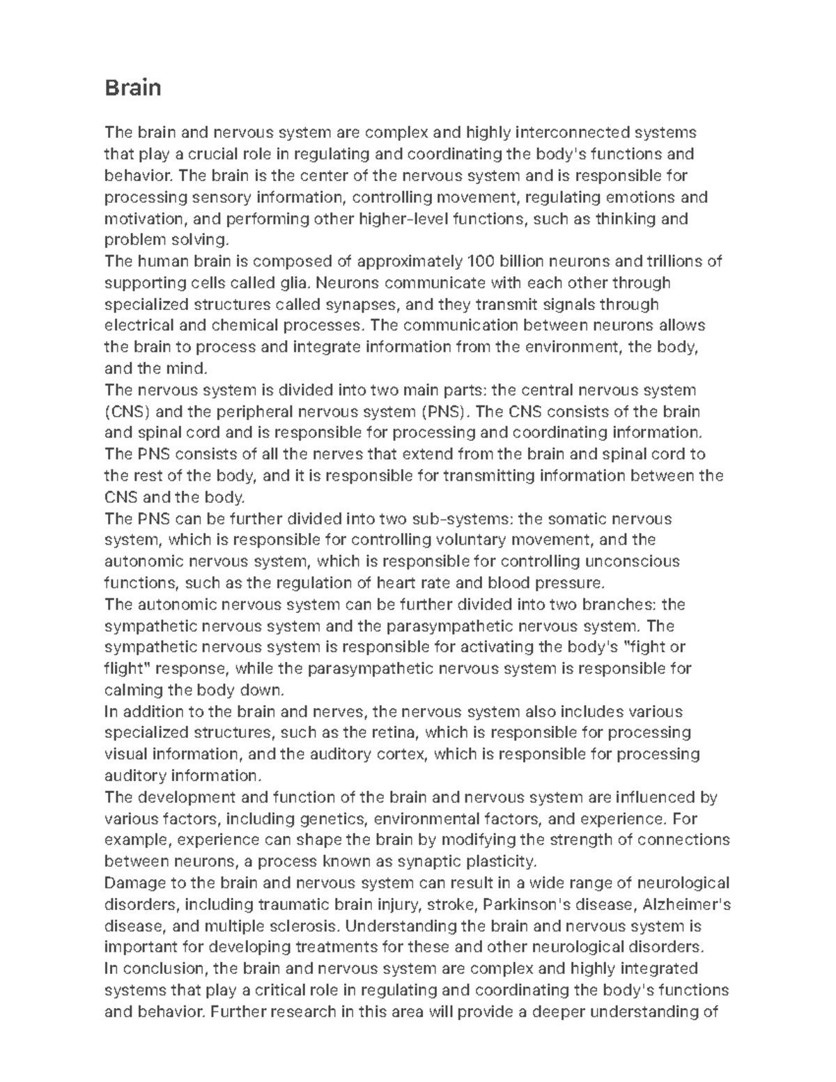 Brain - notes - Brain The brain and nervous system are complex and ...