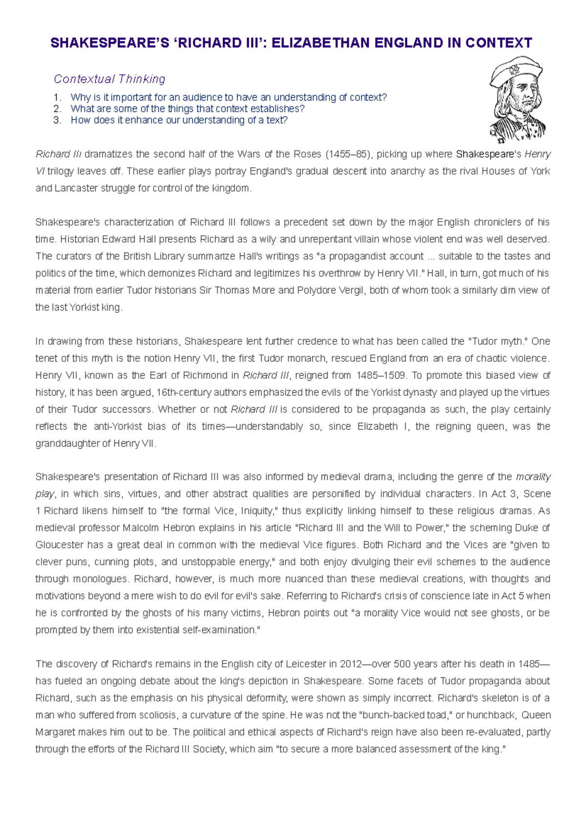 Elizabethan England In Context -1 - SHAKESPEARE’S ‘RICHARD III ...