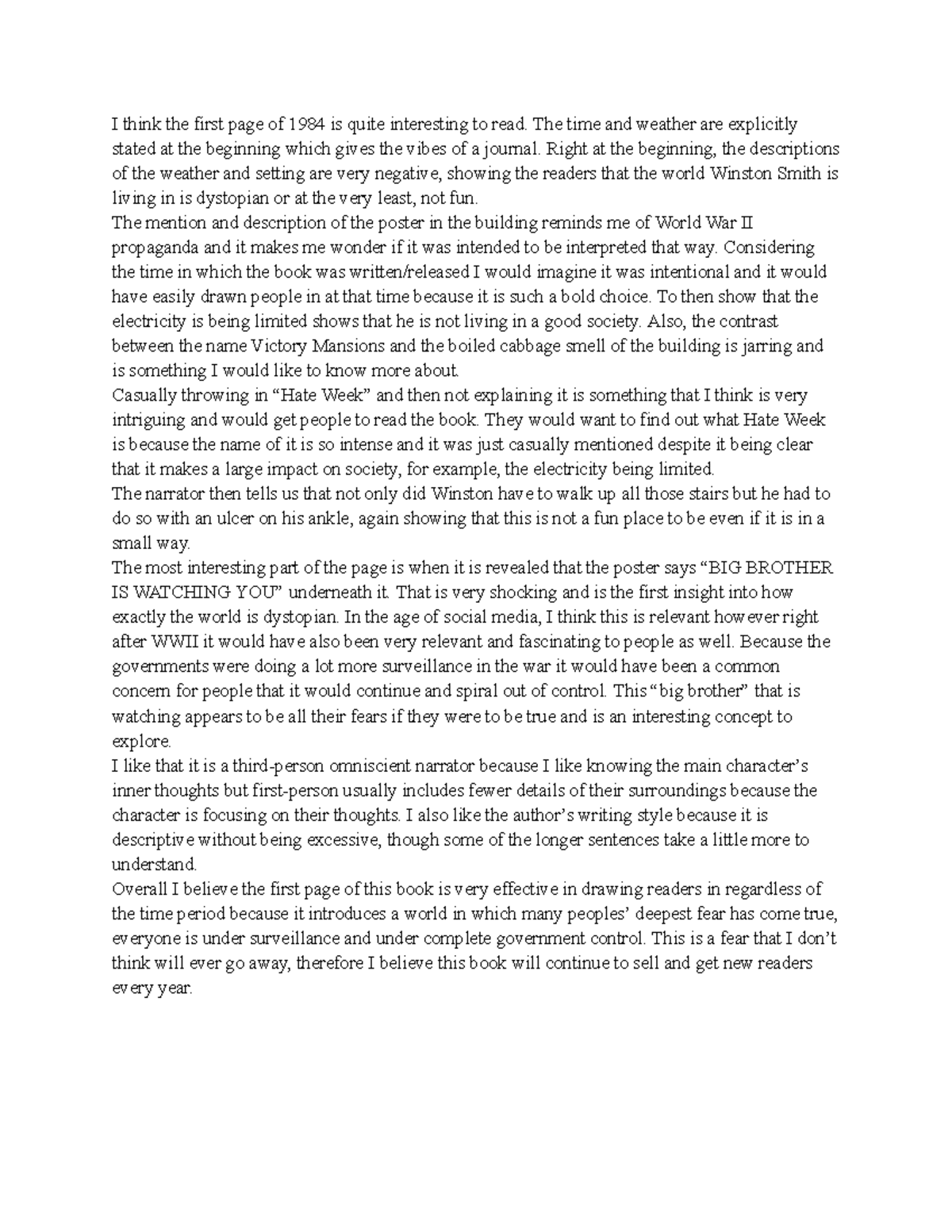 First Page Analysis 1984 - I think the first page of 1984 is quite ...