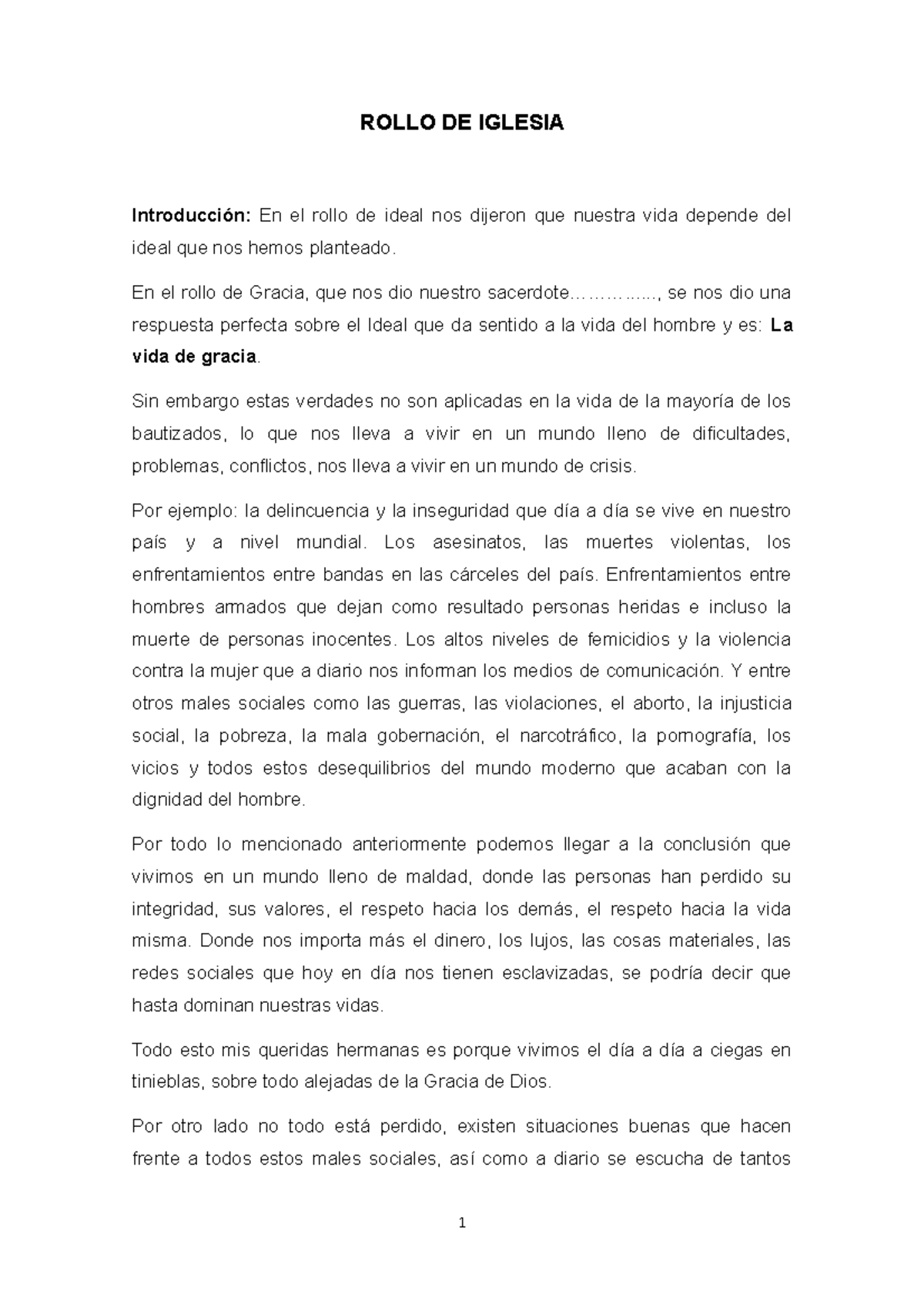 Rollo DE Iglesia - ROLLO DE IGLESIA Introducción: En el rollo de ideal ...