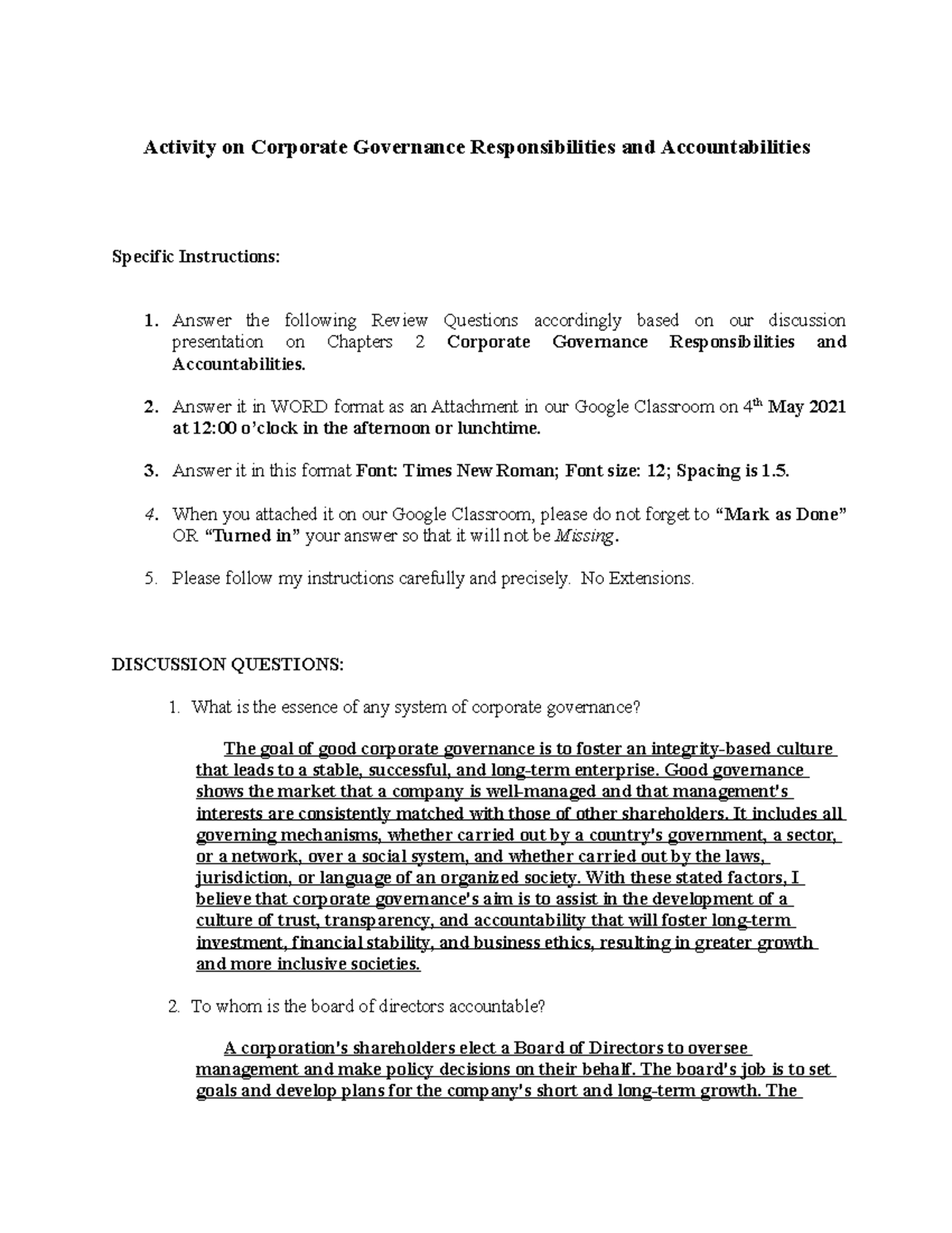 Activity IN Corporate Governance - Answer the following Review ...