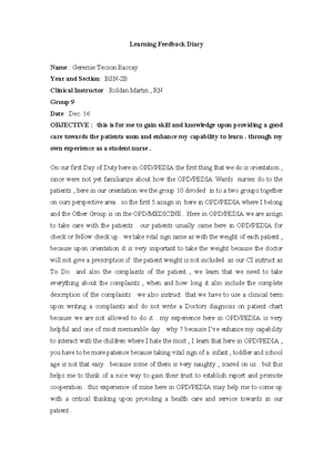 Learning Feedback Diary opd-ob - Learning Feedback Diary Name : Geremie ...