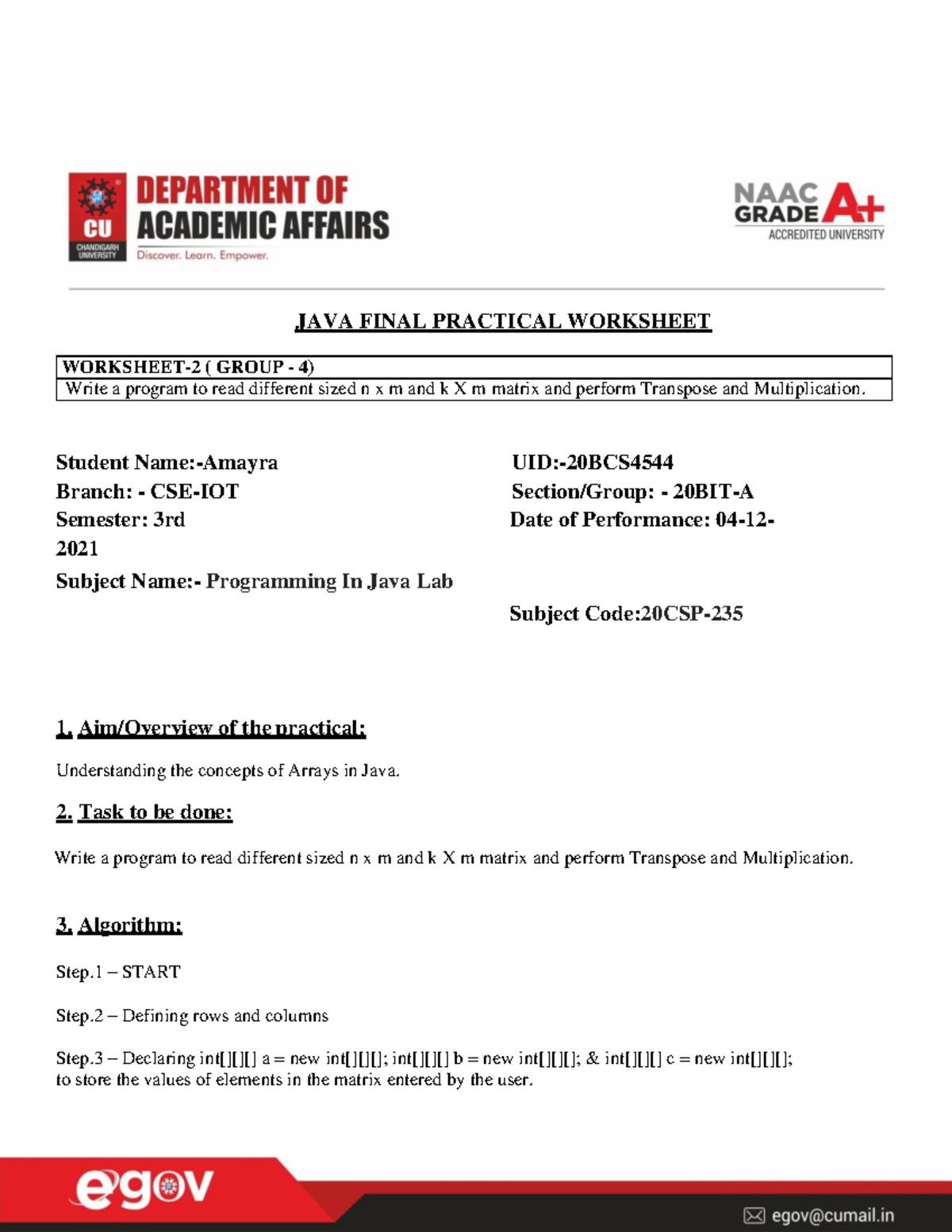 Worksheet-3(CHANDUGARH UNIVERSITY PUNJAB) - JAVA FINAL PRACTICAL ...