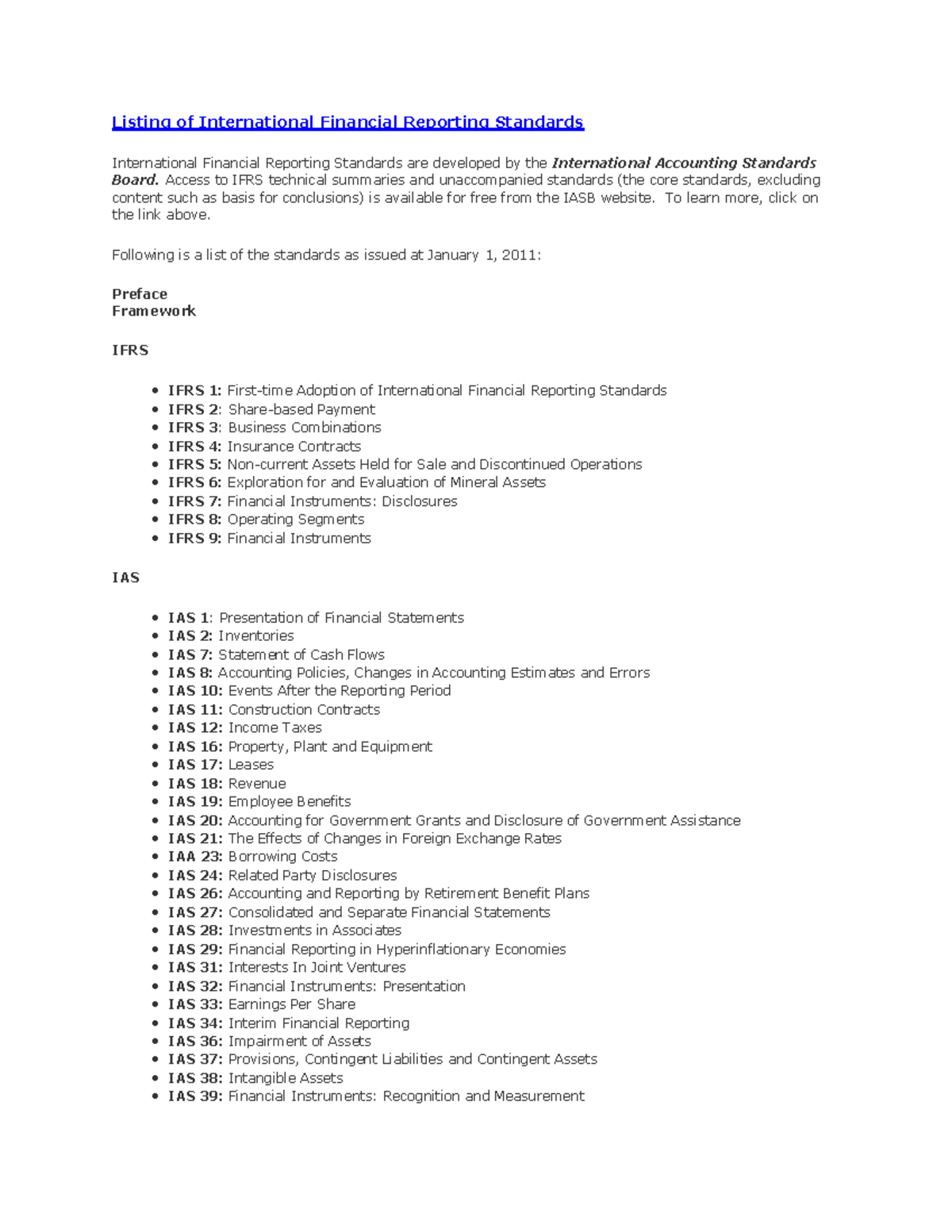 IFRS Standardslist IFRS Standard List Listing Of International