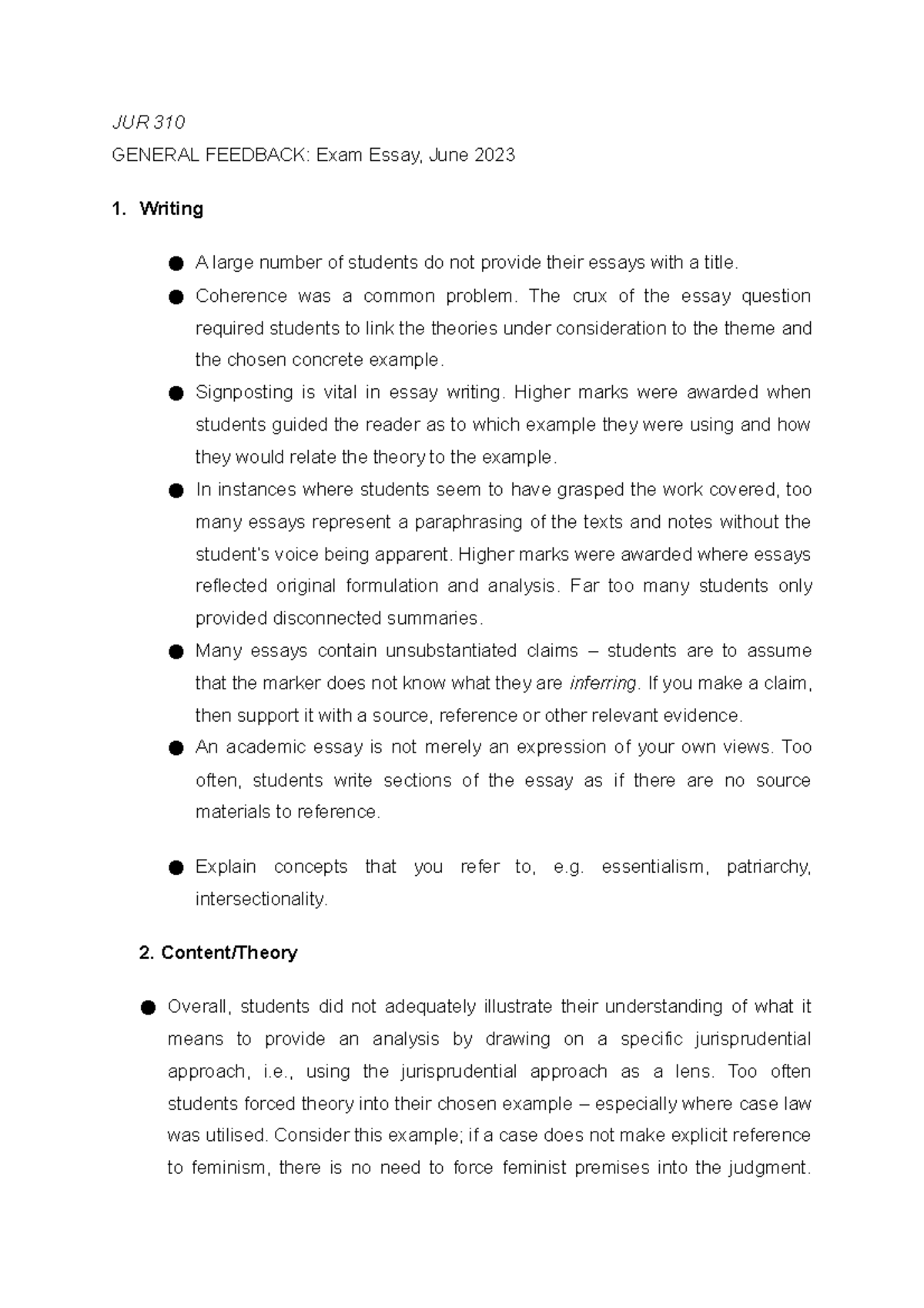 Exam Feedback 23 06 '23 - JUR 310 GENERAL FEEDBACK: Exam Essay, June ...