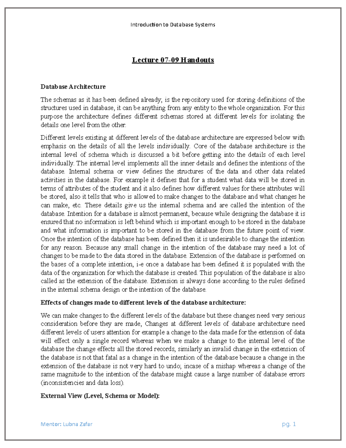 Lecture 07 09 Notes This Is About Database Lecture 07 09 Handouts Database Architecture The