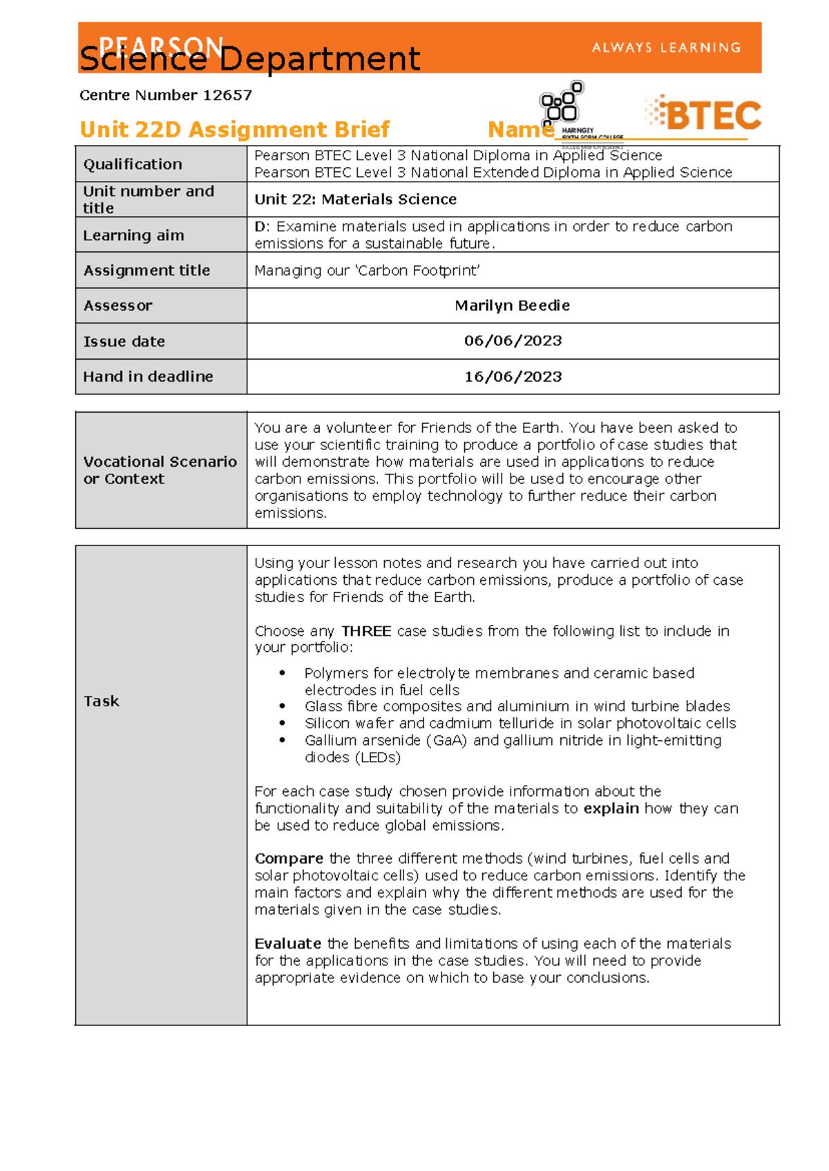 UNIT 22D Assignment Brief - Science Department Centre Number 12657 Unit ...