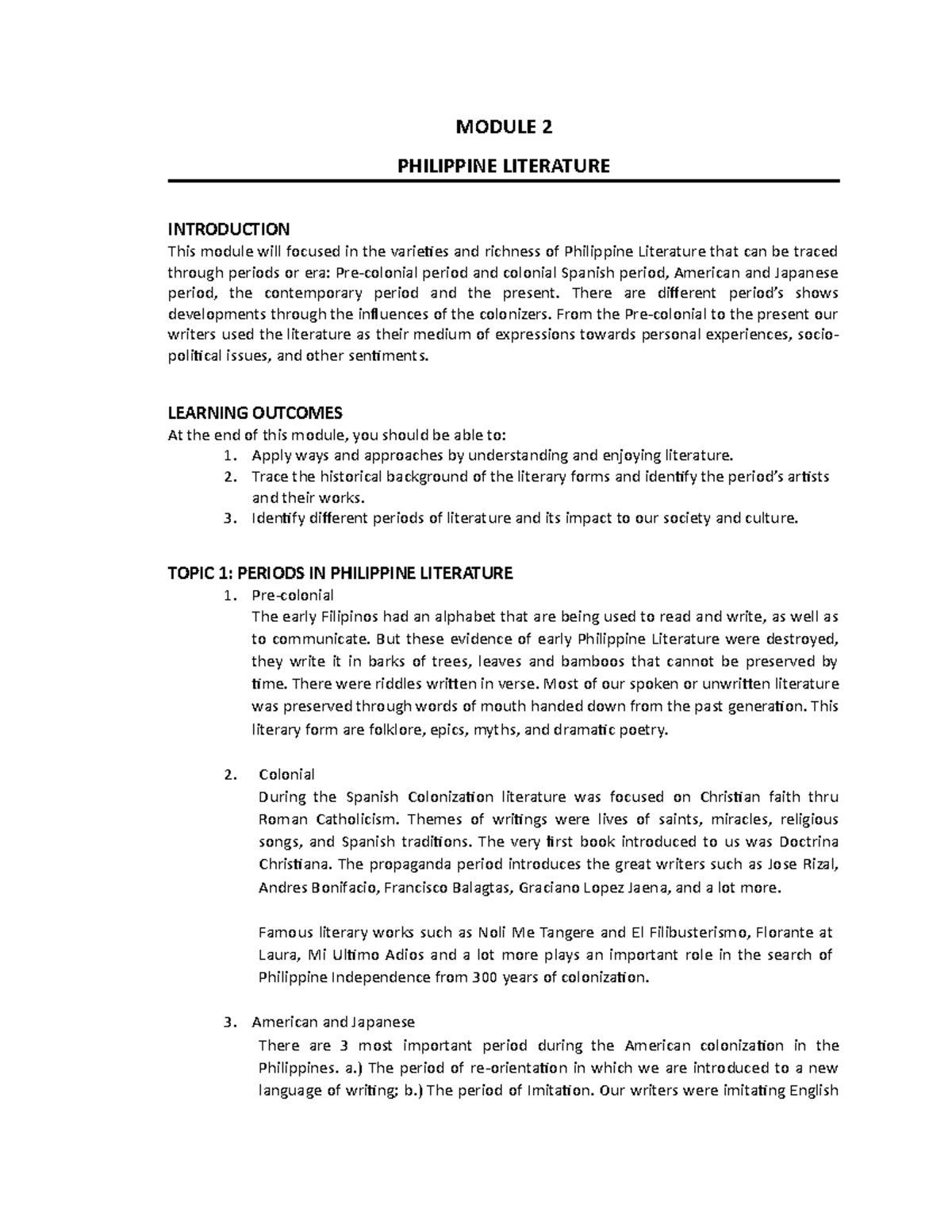 Module 2 - Philippine Arts - MODULE 2 PHILIPPINE LITERATURE ...
