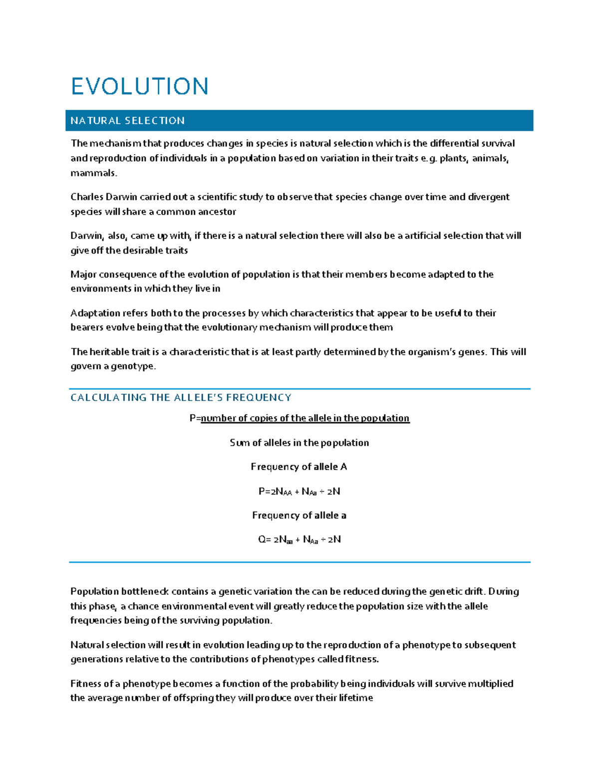 Evolution - Lecture notes 7 - EVOLUTION NATURAL SELECTION The mechanism ...
