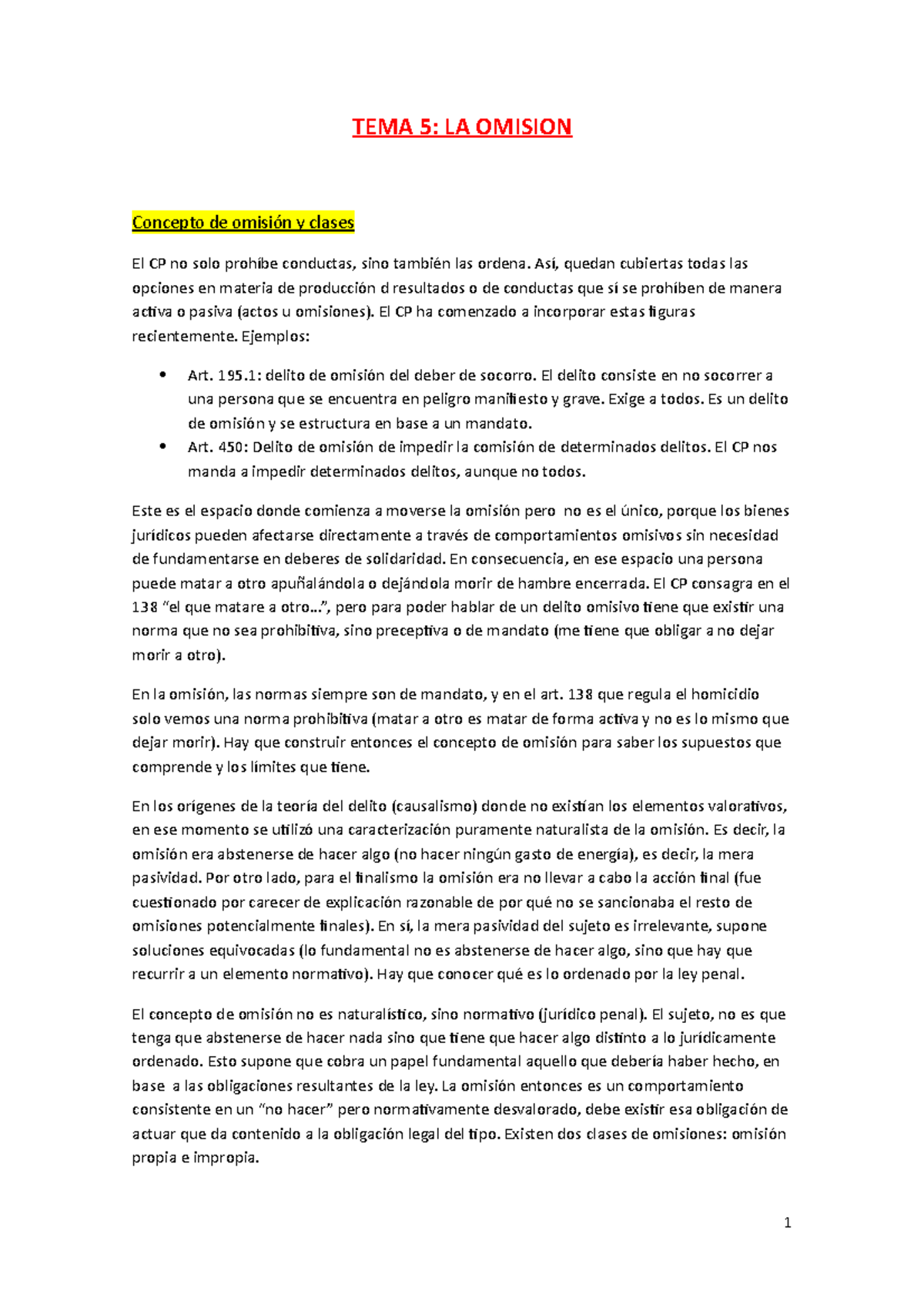 Tema 5.- la omision - apuntes penal tema 5 - TEMA 5: LA OMISION ...