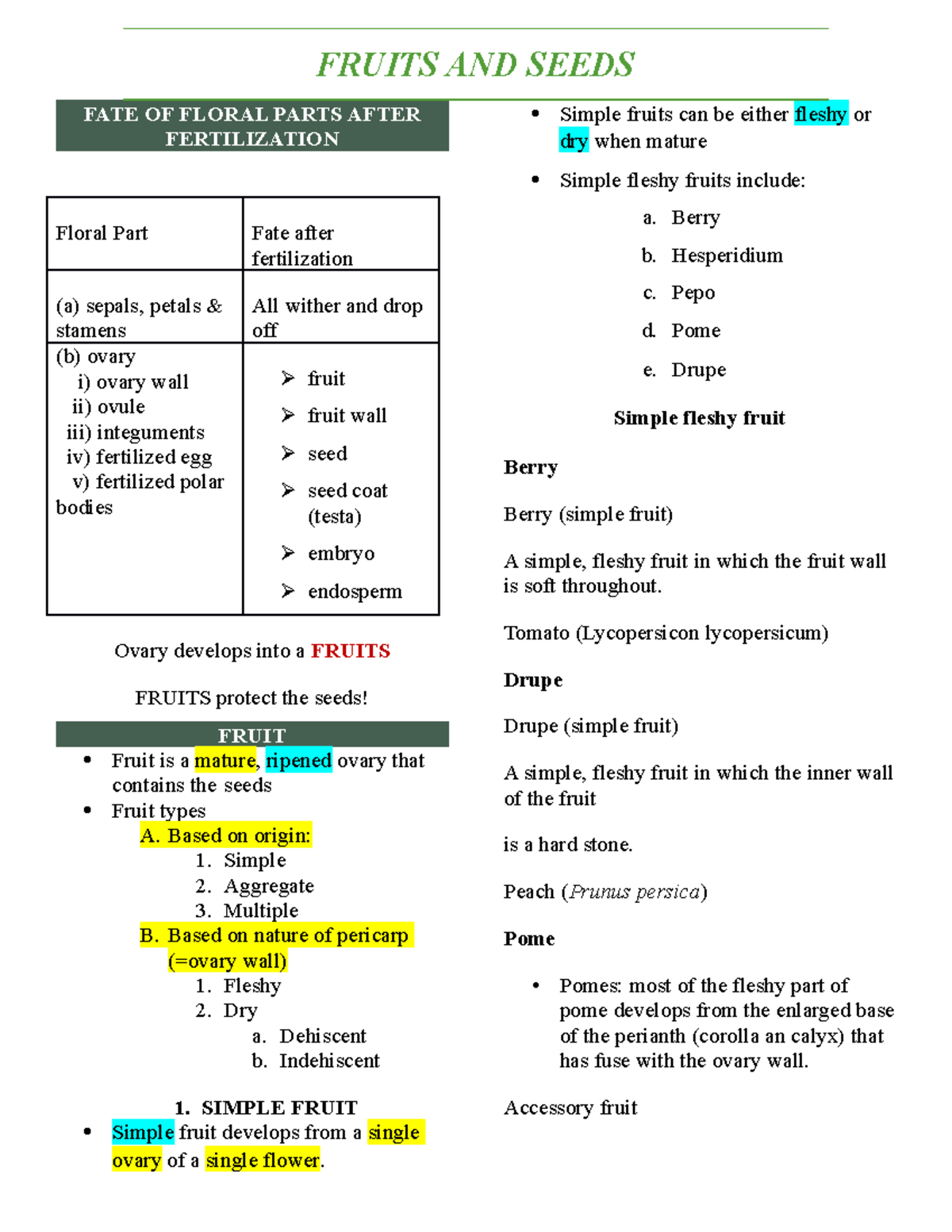 Fruits and seeds - FATE OF FLORAL PARTS AFTER FERTILIZATION Floral Part ...