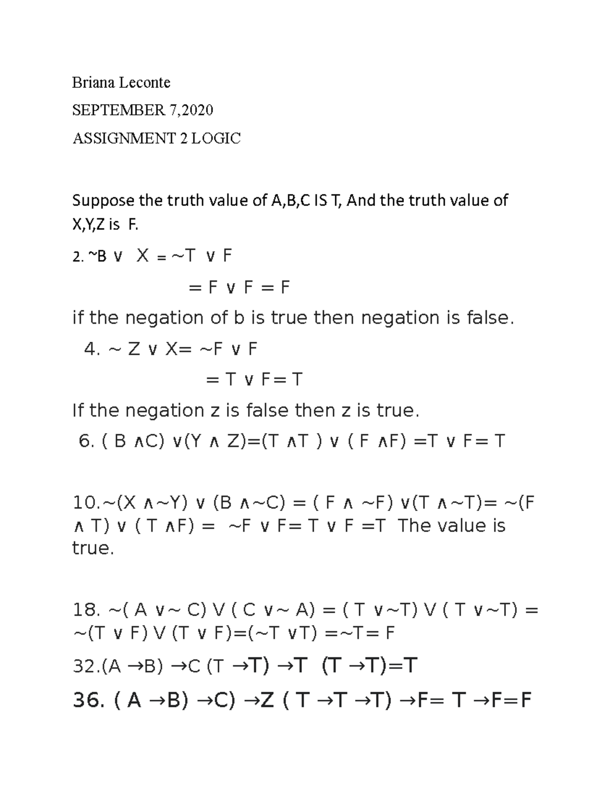 Assignment 2 Logic - Briana Leconte SEPTEMBER 7, ASSIGNMENT 2 LOGIC ...