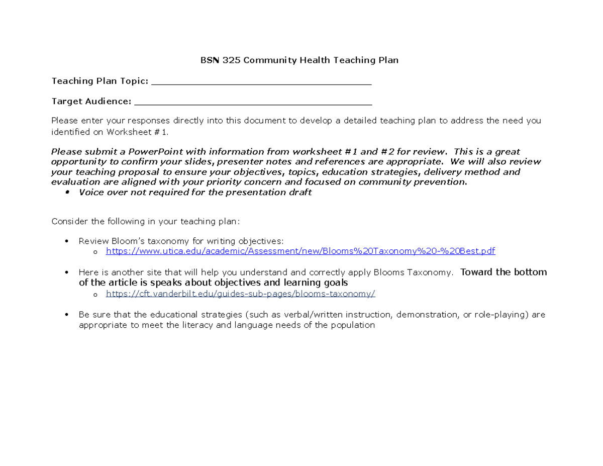 Worksheet #2 - Community Health Teaching Plan - BSN 325 Community ...