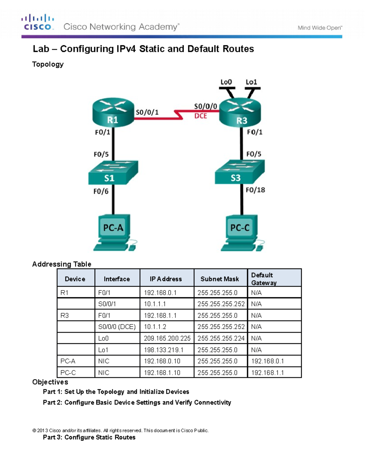 Lab4 - Configuring IPv4 Static and Default Routes - Topology Addressing ...