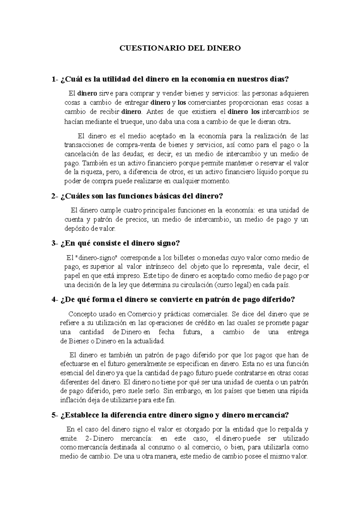 Cuestionario DEL Dinero y agentes de cambio moneda y banca ...