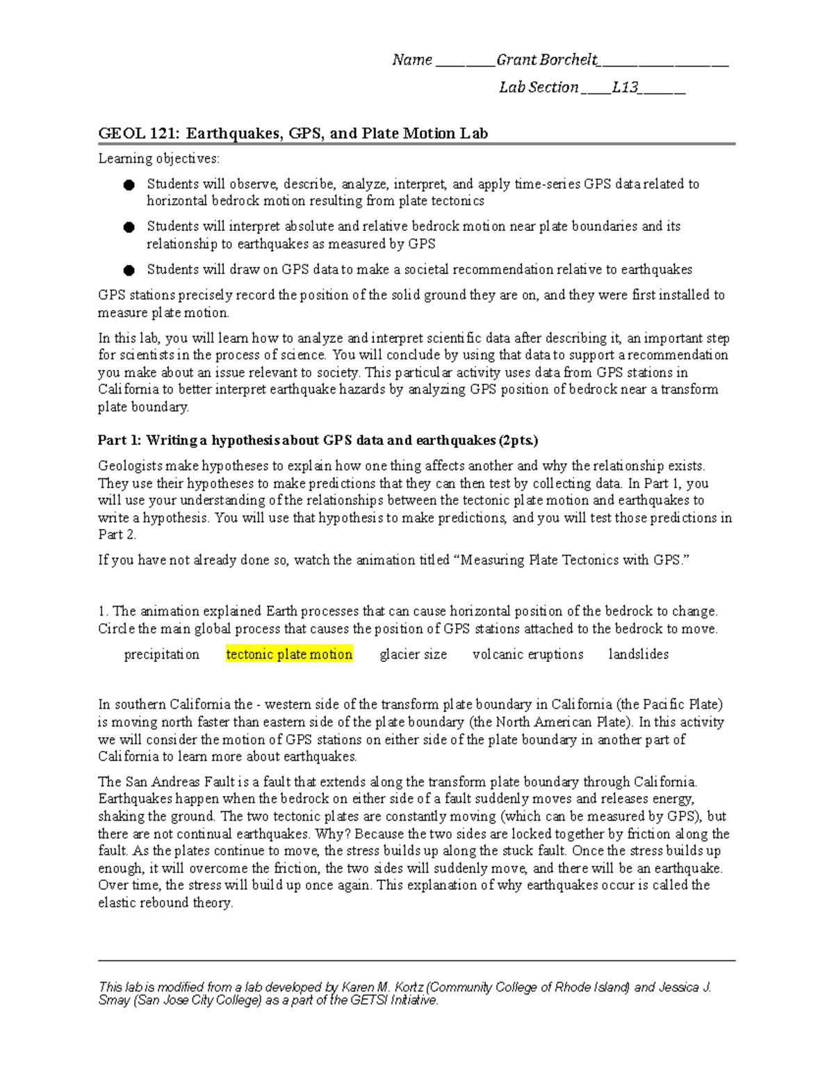 Final Earthquakes, GPS, and Plate Motion Lab - Student Handout-2 ...