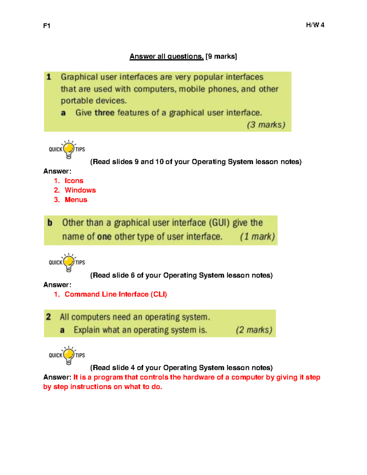 Mark Scheme-HW4 - MN N N - F1 H/W 4 Answer all questions. [9 marks] (Read slides 9 and 10 of ...
