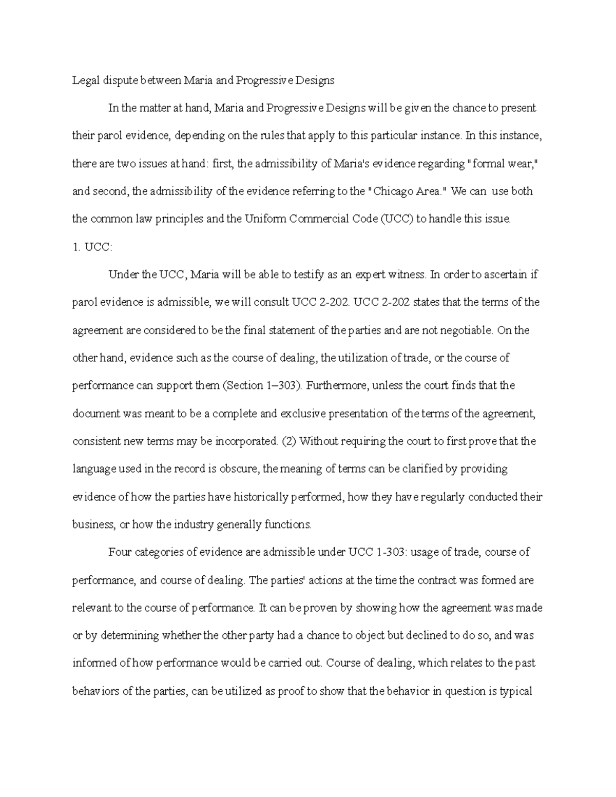 Problem set 1 answer - Legal dispute between Maria and Progressive ...