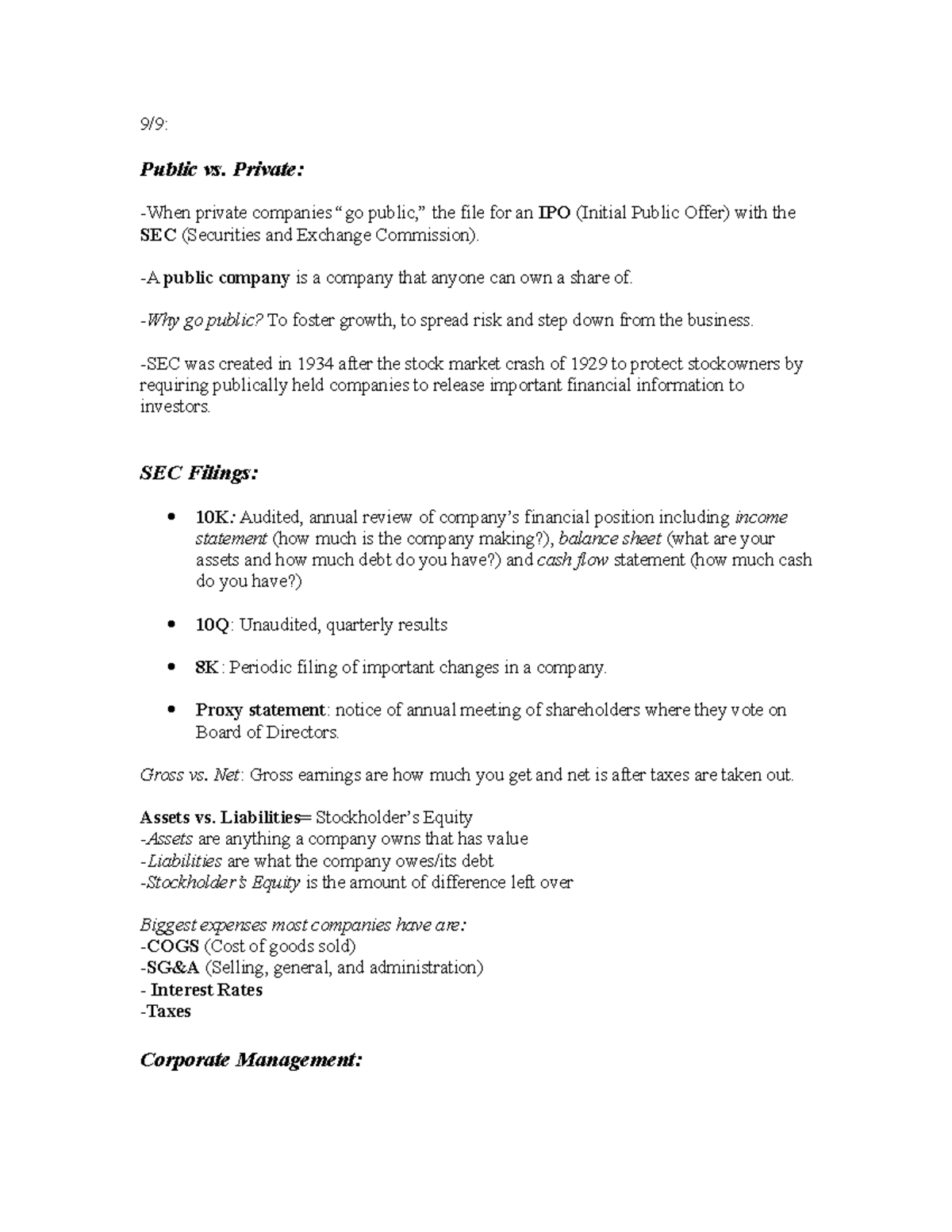 Business Journalism Notes - 9/9: Public vs. Private: -When private ...