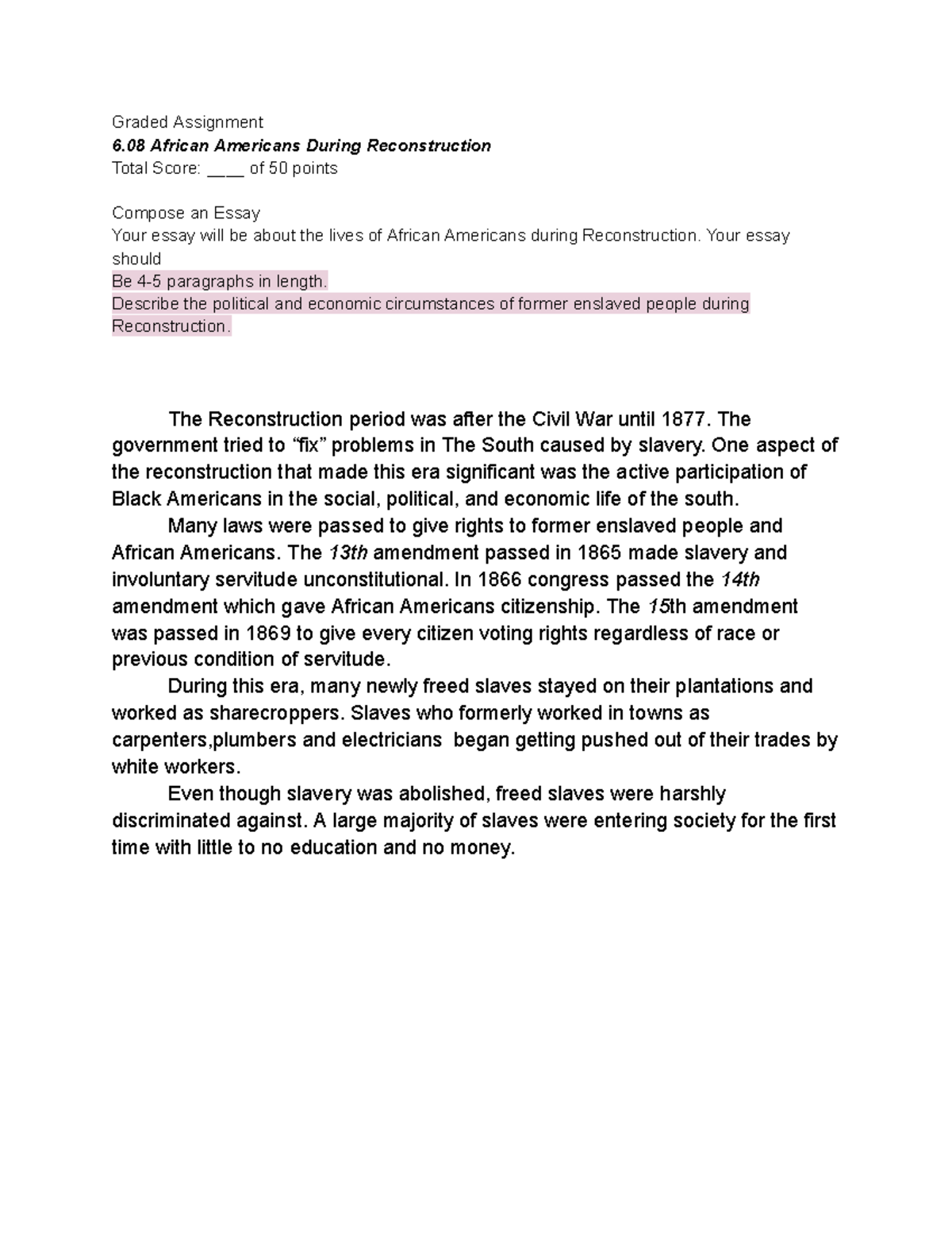 African Americans During Reconstruction - Your essay should Be 4-5 ...