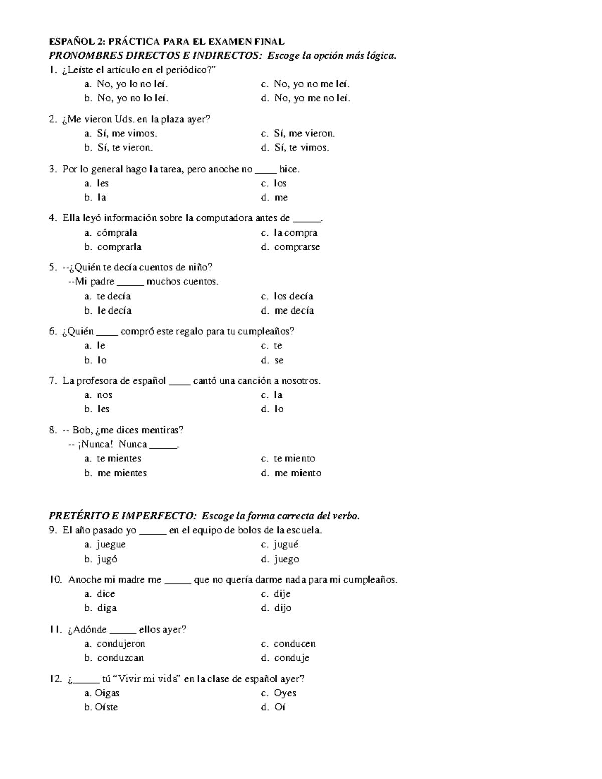 Abel Prentice - SP 2 Final EXAM Practice - ESPAÑOL 2: PRÁCTICA PARA EL ...