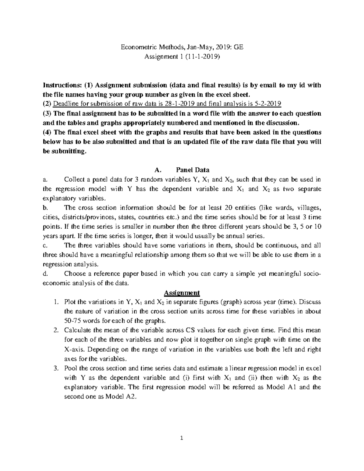 Assignment 1 Econometrics 2019 - Econometric Methods, Jan-May, 2019: GE Assignment 1 (11-1-2019 ...