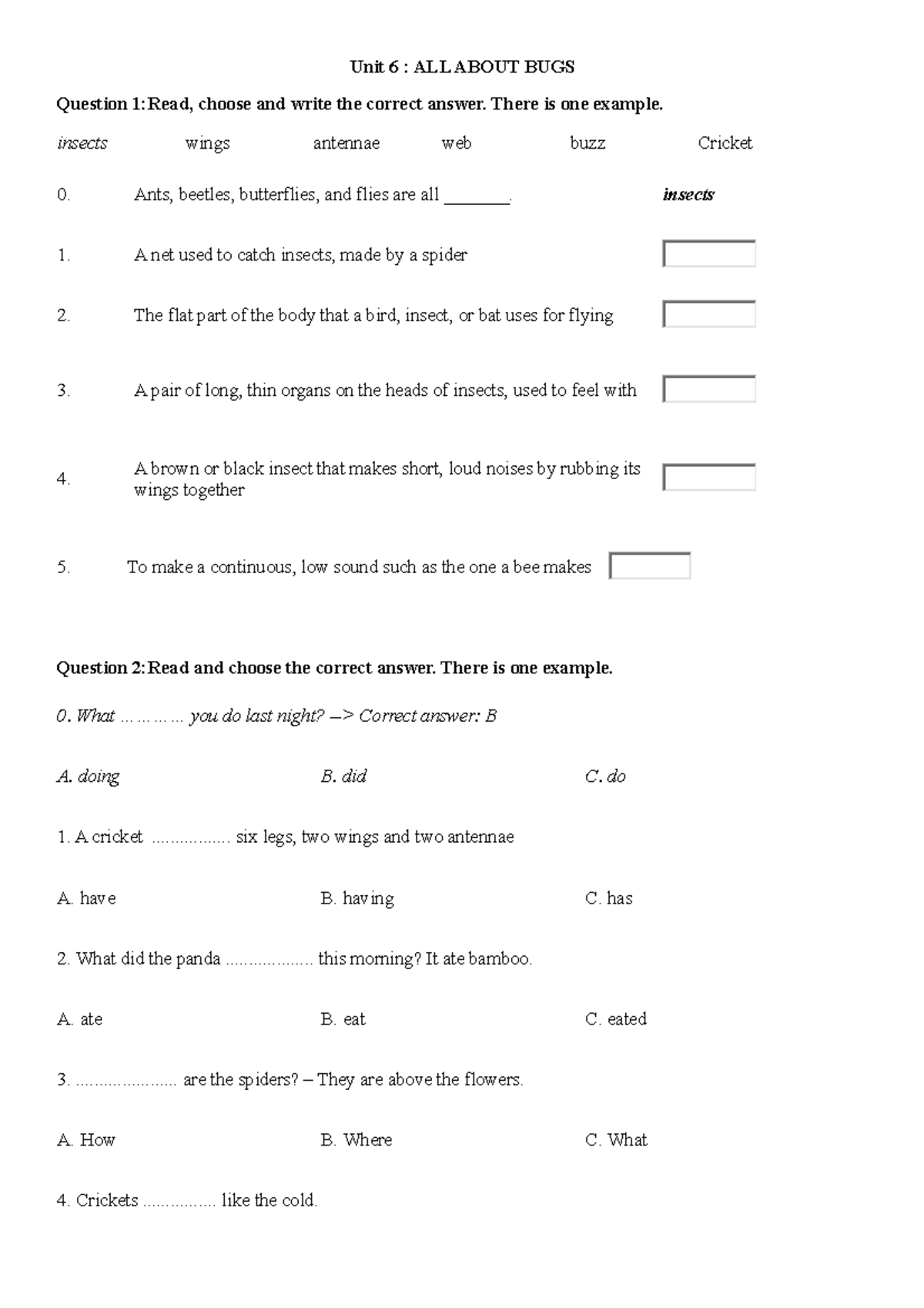 Unit 6 - .yyyyyyyyyyy - Unit 6 : ALL ABOUT BUGS Question 1:Read, choose ...