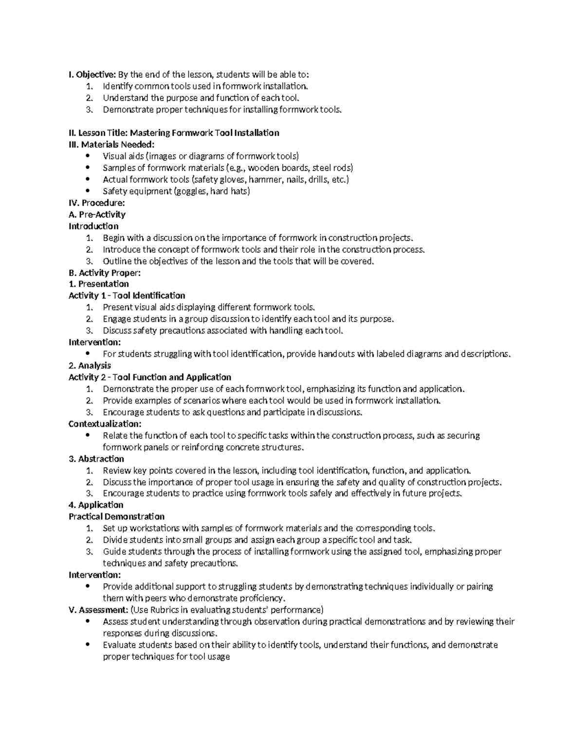 Lessonplan - detailed lesson plan - I. Objective: By the end of the ...