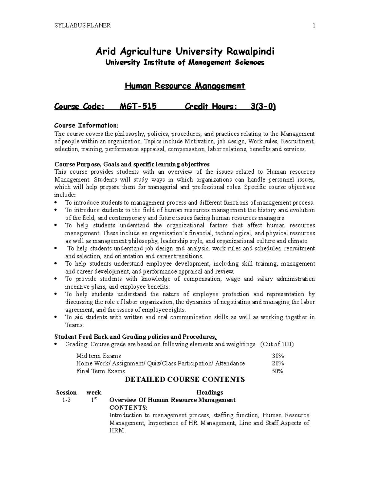 Hrm course outline 1 - SYLLABUS PLANER Arid Agriculture University ...
