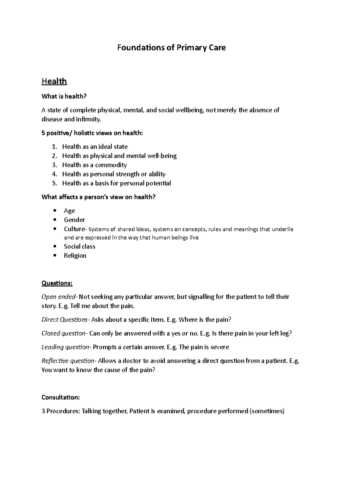 Foundations of Primary Care notes - Foundations of Primary Care Health ...