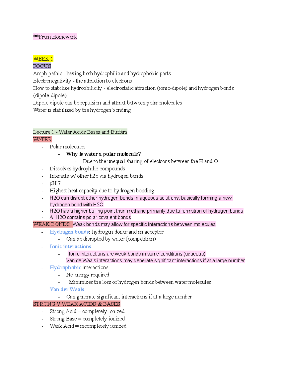 BCH100 Study Guide Midterm 1 - **From Homework WEEK 1 FOCUS Amphipathic ...