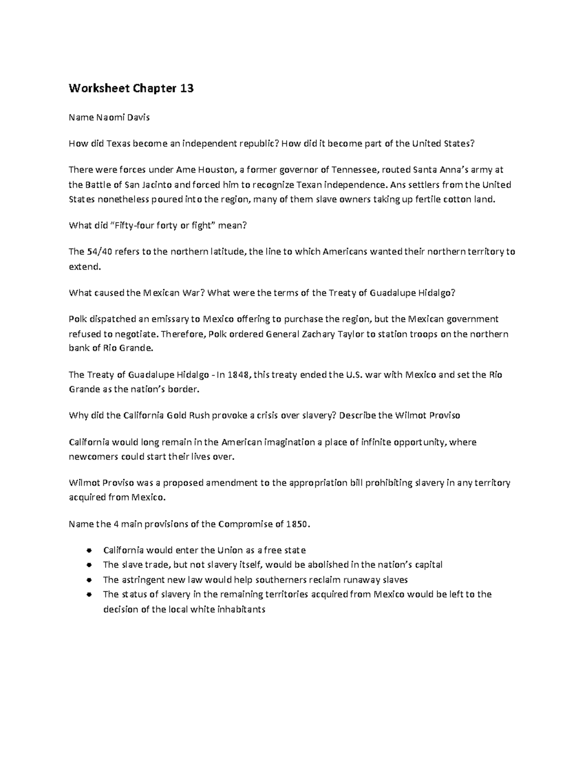 Worksheet Chapter 13 - Compromise of 1850, The Treaty of Guadalupe ...