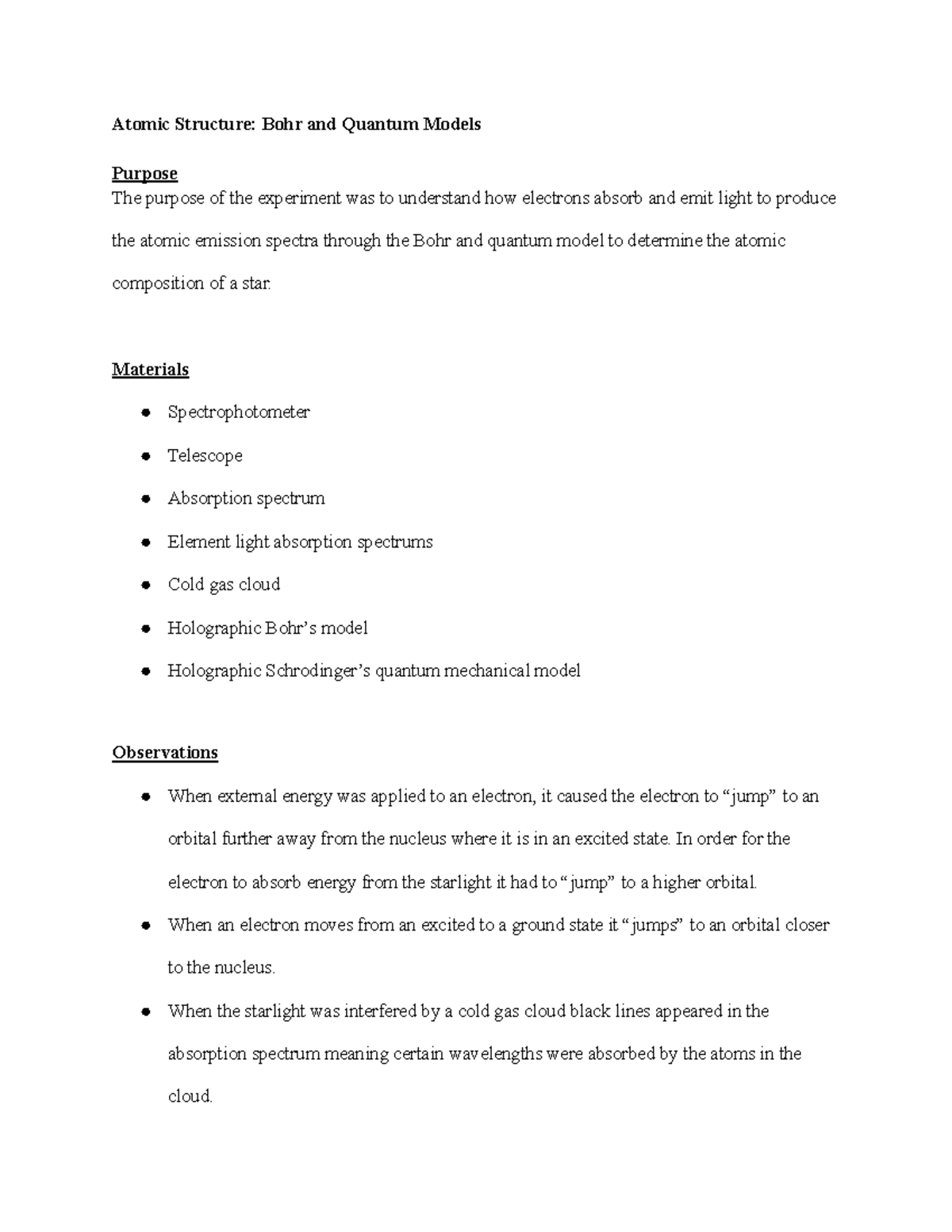 CHEM 112 Lab 4 - Atomic Structure - Atomic Structure: Bohr and Quantum ...